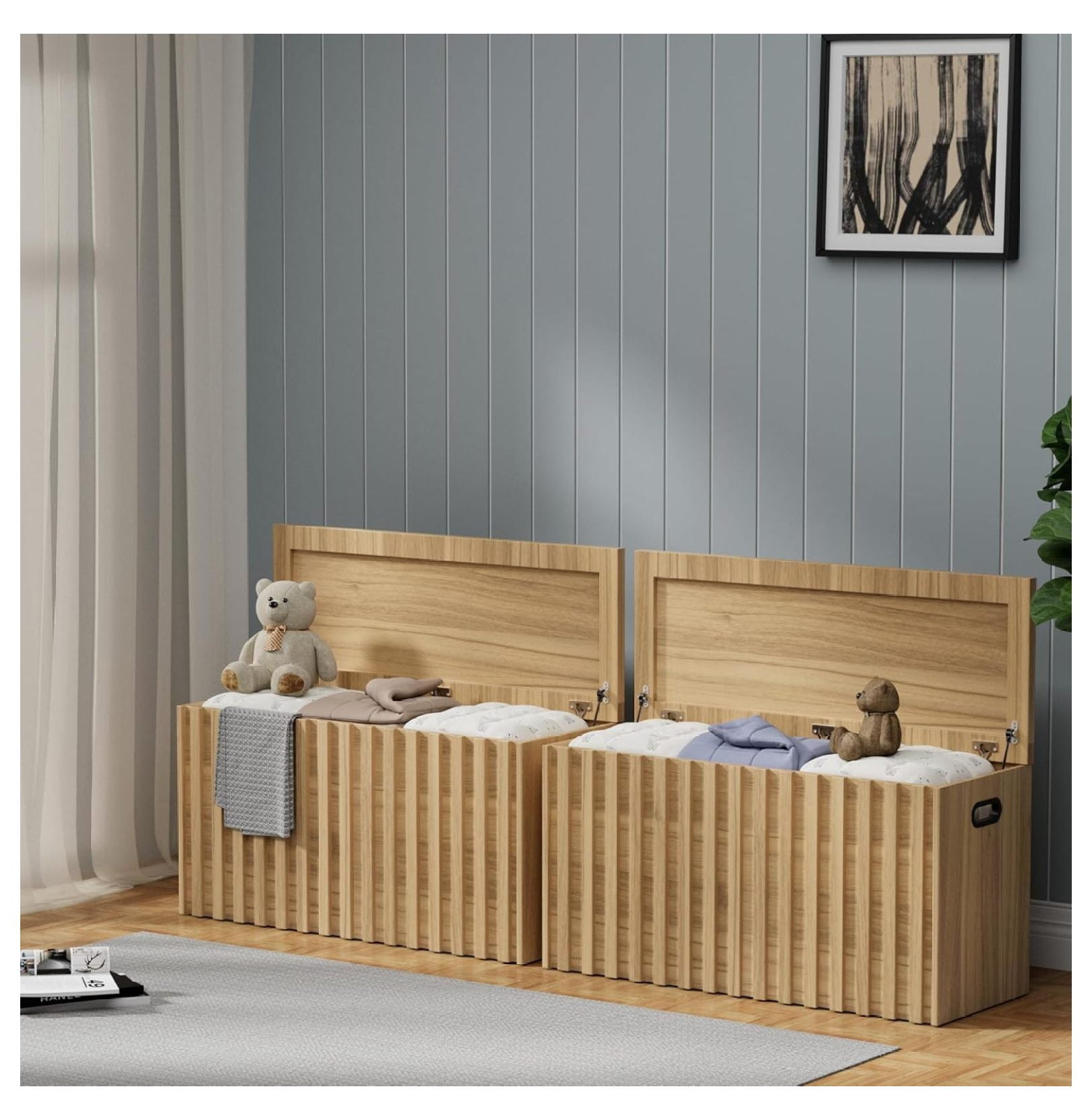 Storage Bench Set of 2, 39.4" Wood Box, Storage Trunk with 2 Safety ...