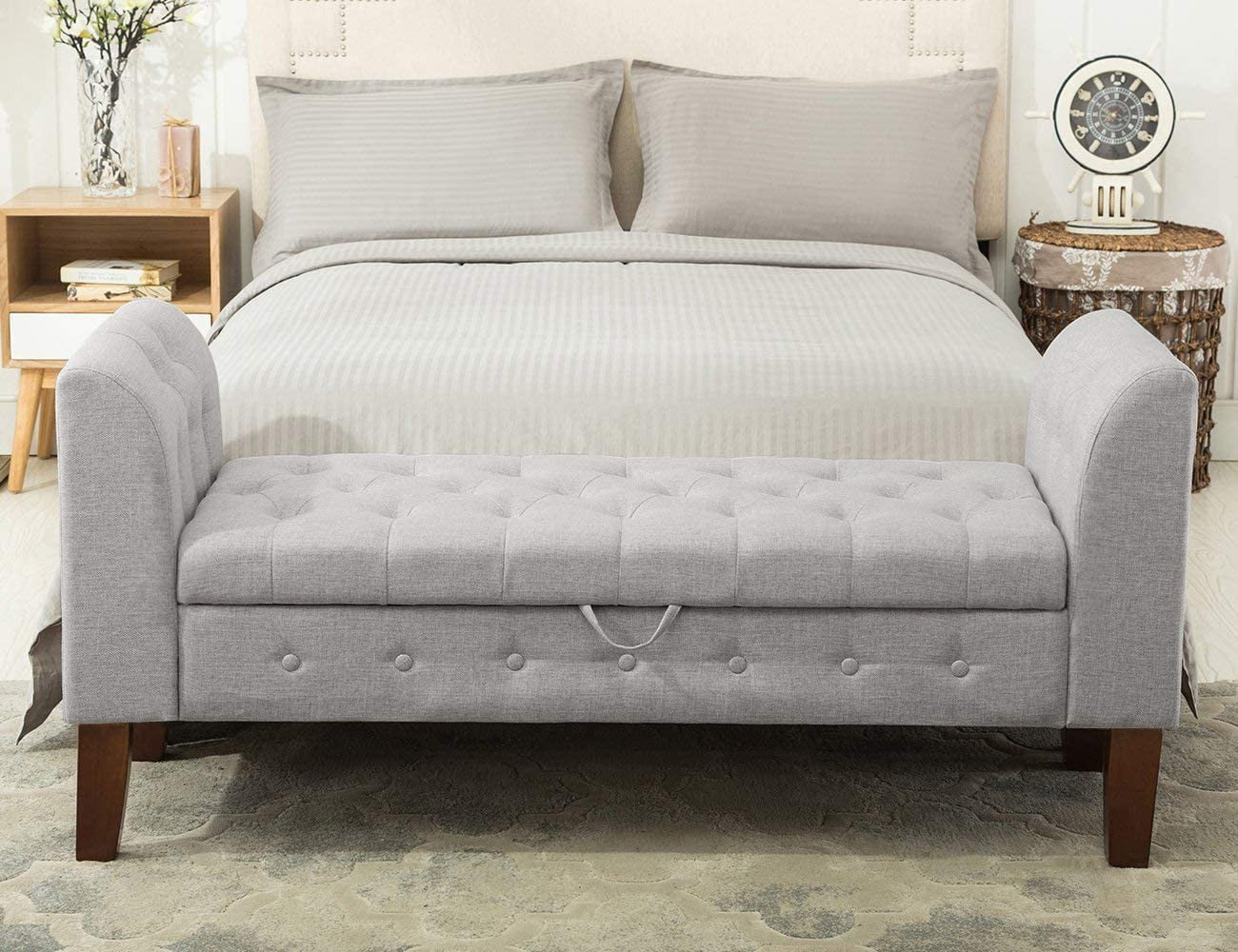 Storage Bench Upholstered End of Bed Bench with Storage Armed Ottoman ...