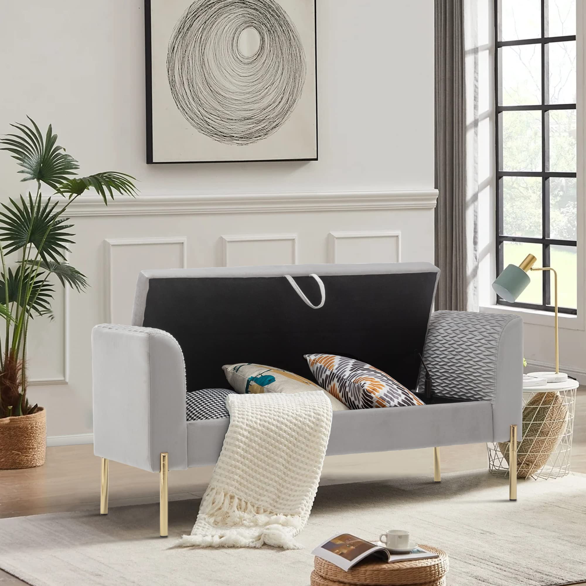 Storage Bench, Upholstered Entryway Bench End of Bed Bench with Armrest ...