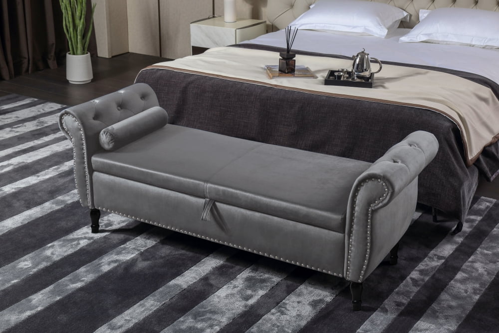 Storage Bench, Velvet Rectangular Storage Sofa Stool with Rolled Arm ...