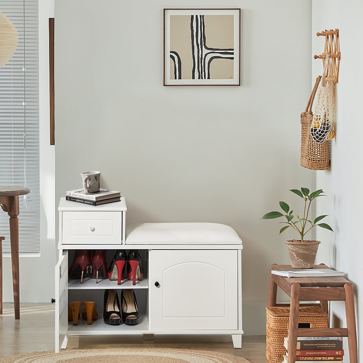 Storage Bench, White Storage Bench with 1 Drawer Chest Two Doors and ...