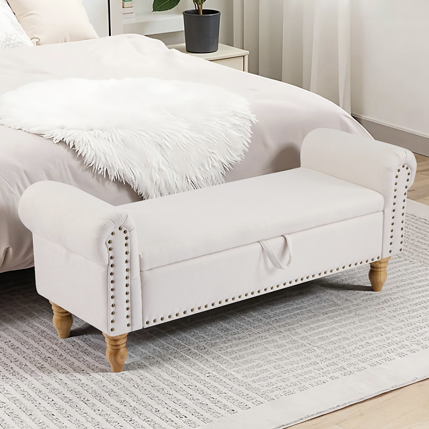 ATOMSPACE Storage Bench with Rolled Arm, End of Bed Linen Fabric ...