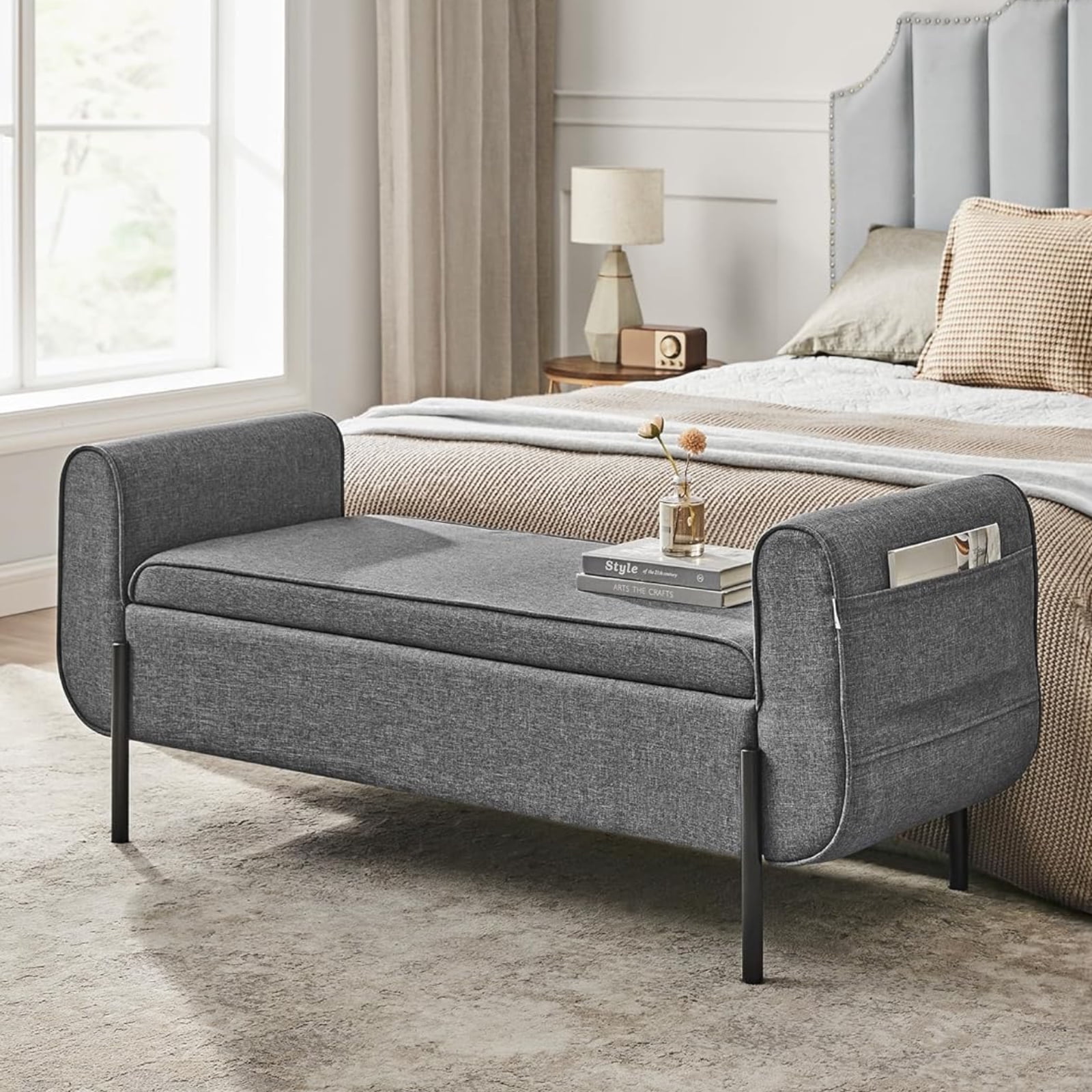 SONGMICS Storage Bench with Armrests Ottoman with Storage Storage ...