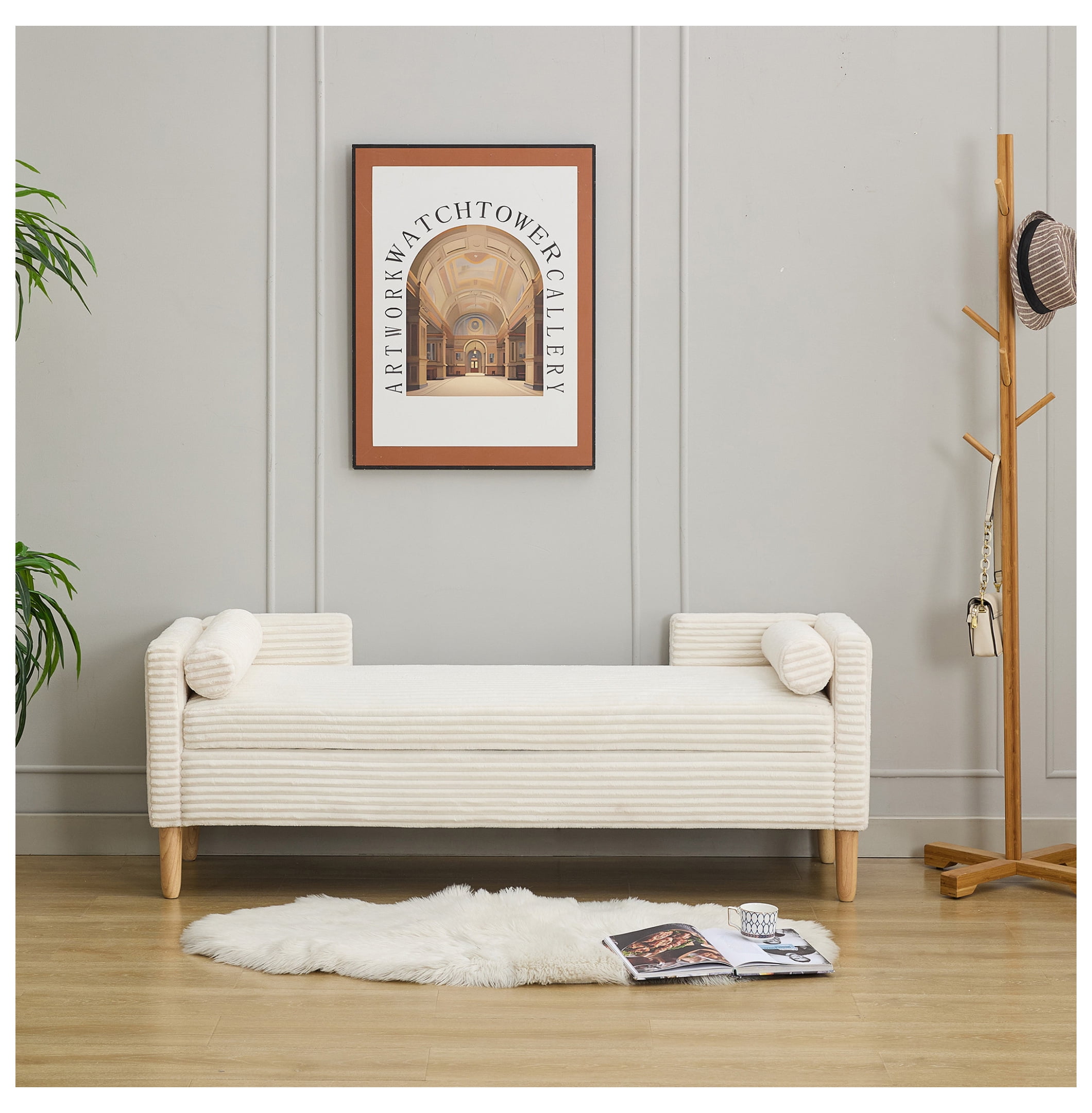 Storage Bench with Backrest & Pillows - 65.35" Wide Ivory Bench for ...