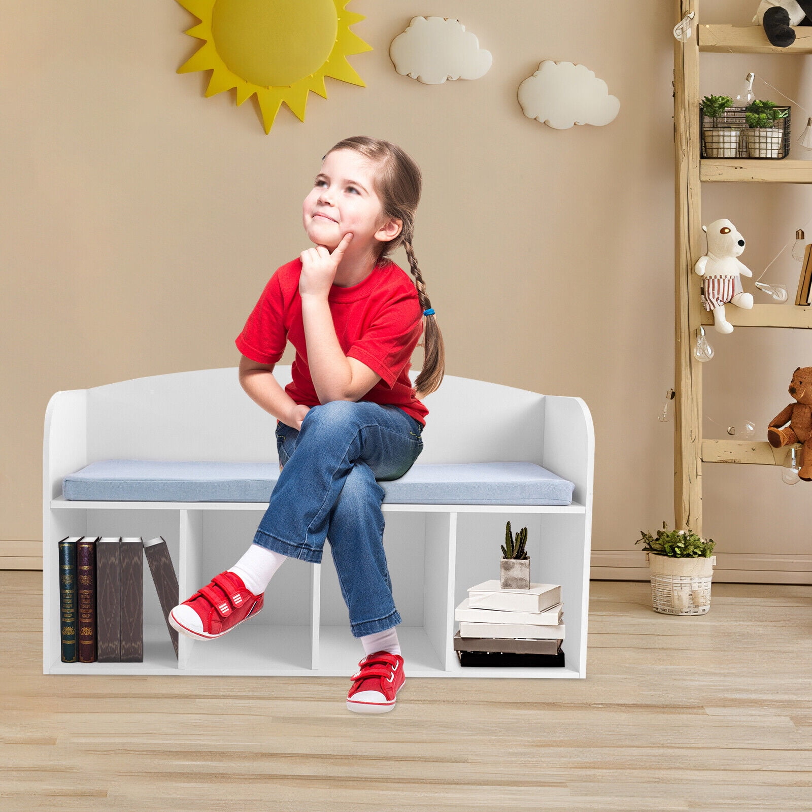 Storage Bench with Book Rack 4 Storage Compartments White Kids ...