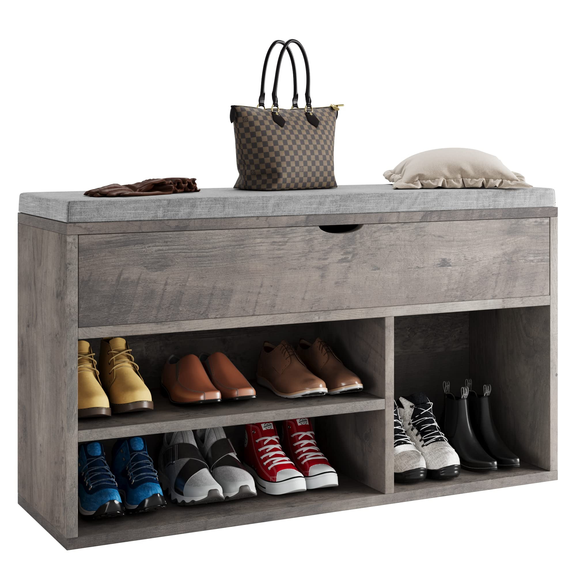 Storage Bench with Comfortable Padded Seat Cushion, Shoe Rack with 2 ...
