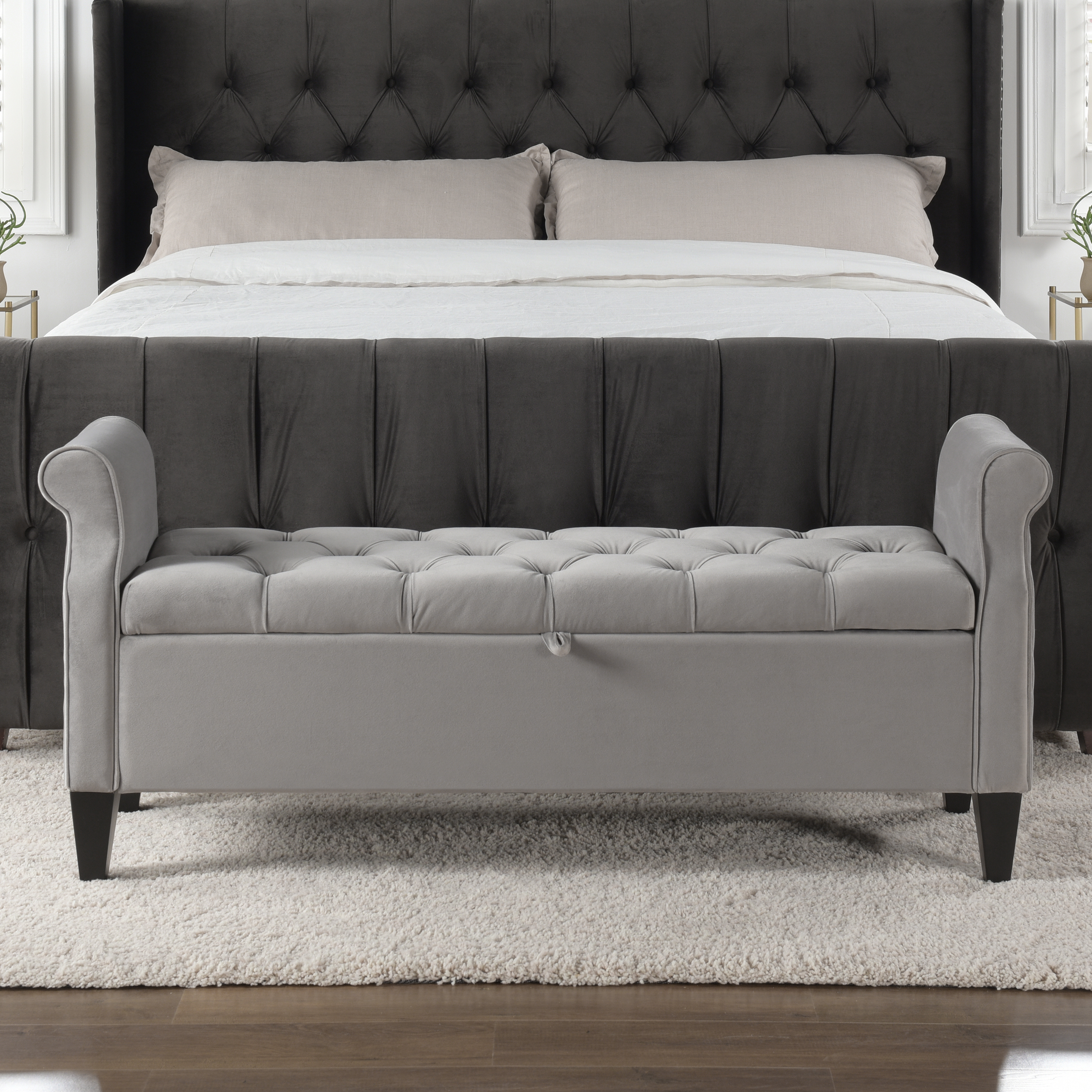 Storage Benches Jacqueline 57.5" Tufted Roll Arm Storage Bench, Opal ...