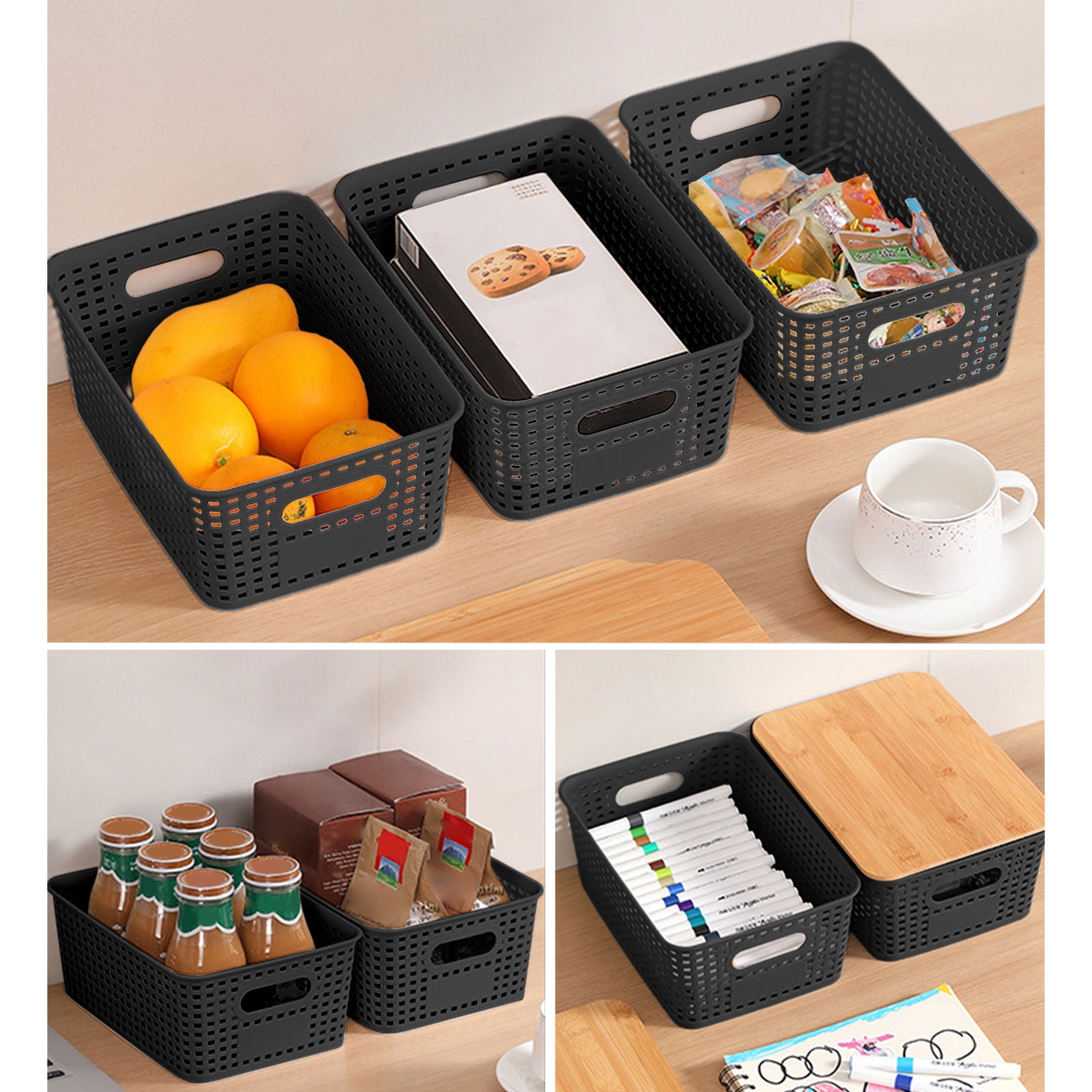 Storage Bins with Bamboo Lids, Plastic Hollow Woven Storage Basket ...