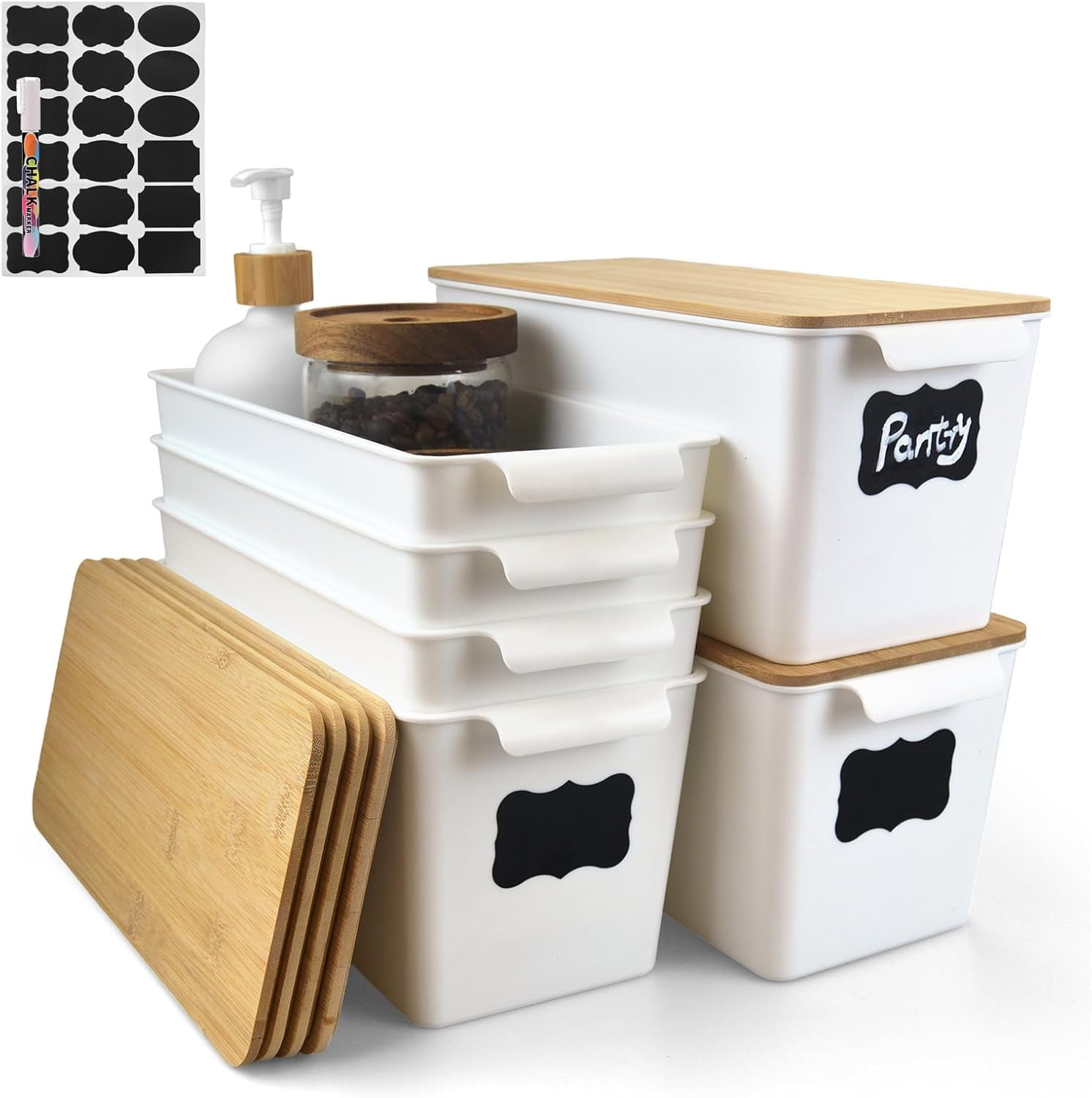 Storage Bins with Bamboo Lids - Stackable Plastic Basket 6 Pack Large ...