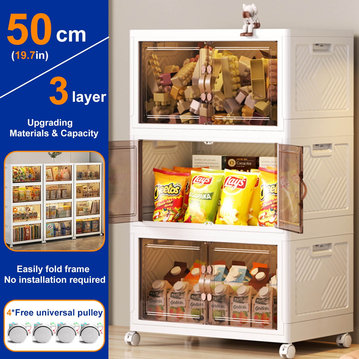 Storage Bins with Lids- 3 Tier Folding Storage box with Doors and ...