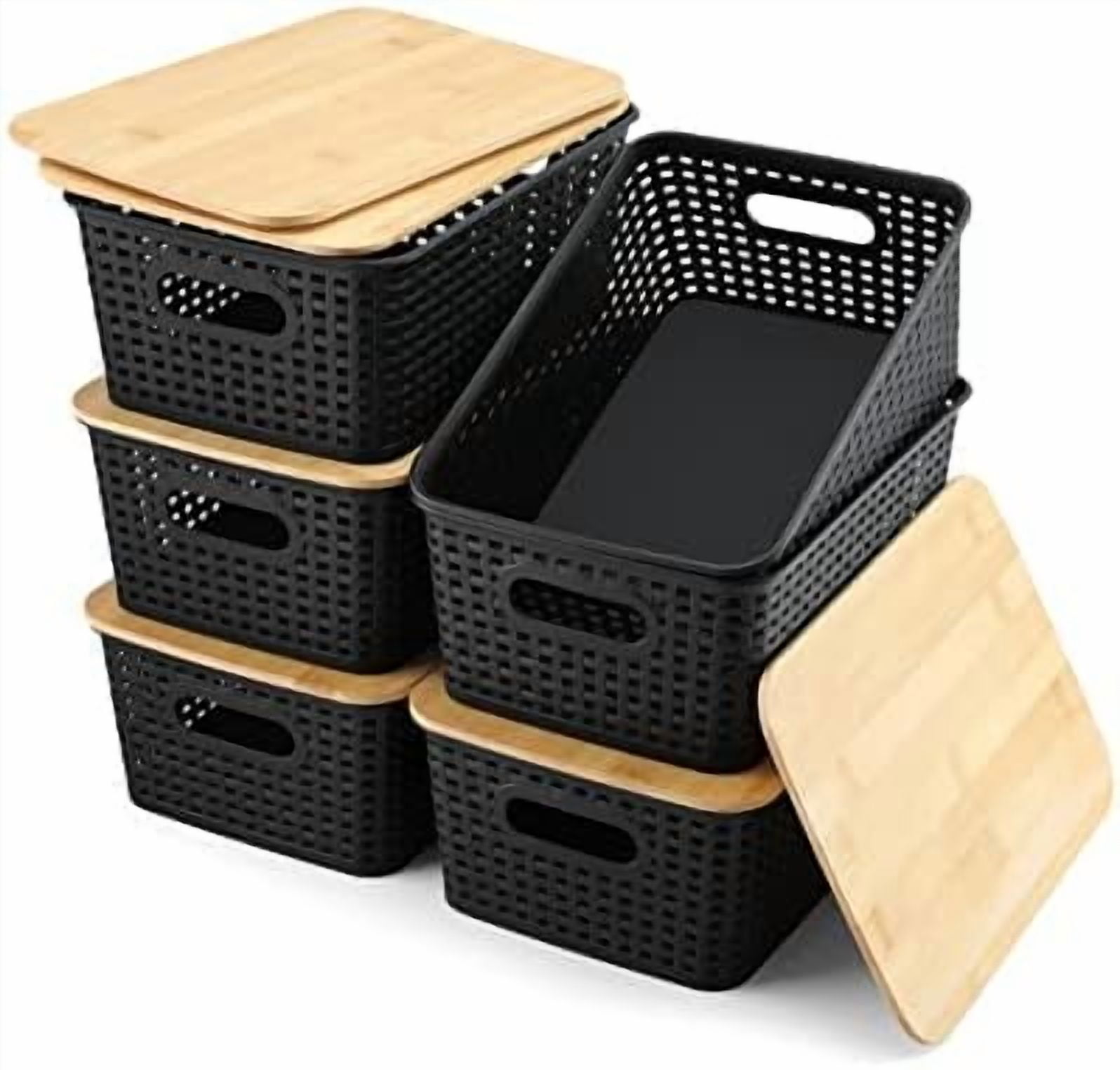 Storage Bins with Lids 6 Pack, Plastic Storage Basket with Bamboo Lids ...