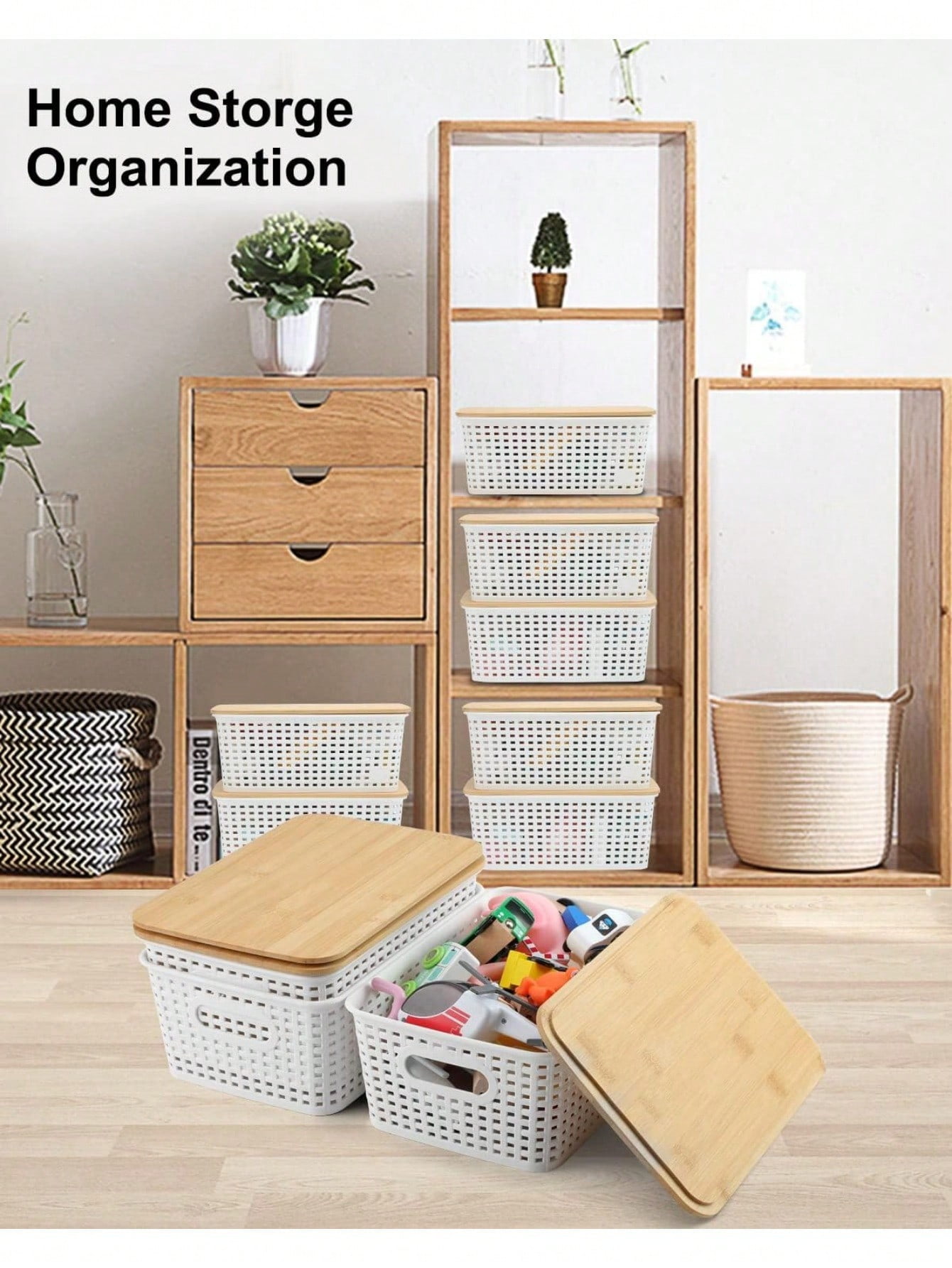 Storage Bins With Lids 6 Packs, Plastic Storage Bins With Bamboo Lids ...