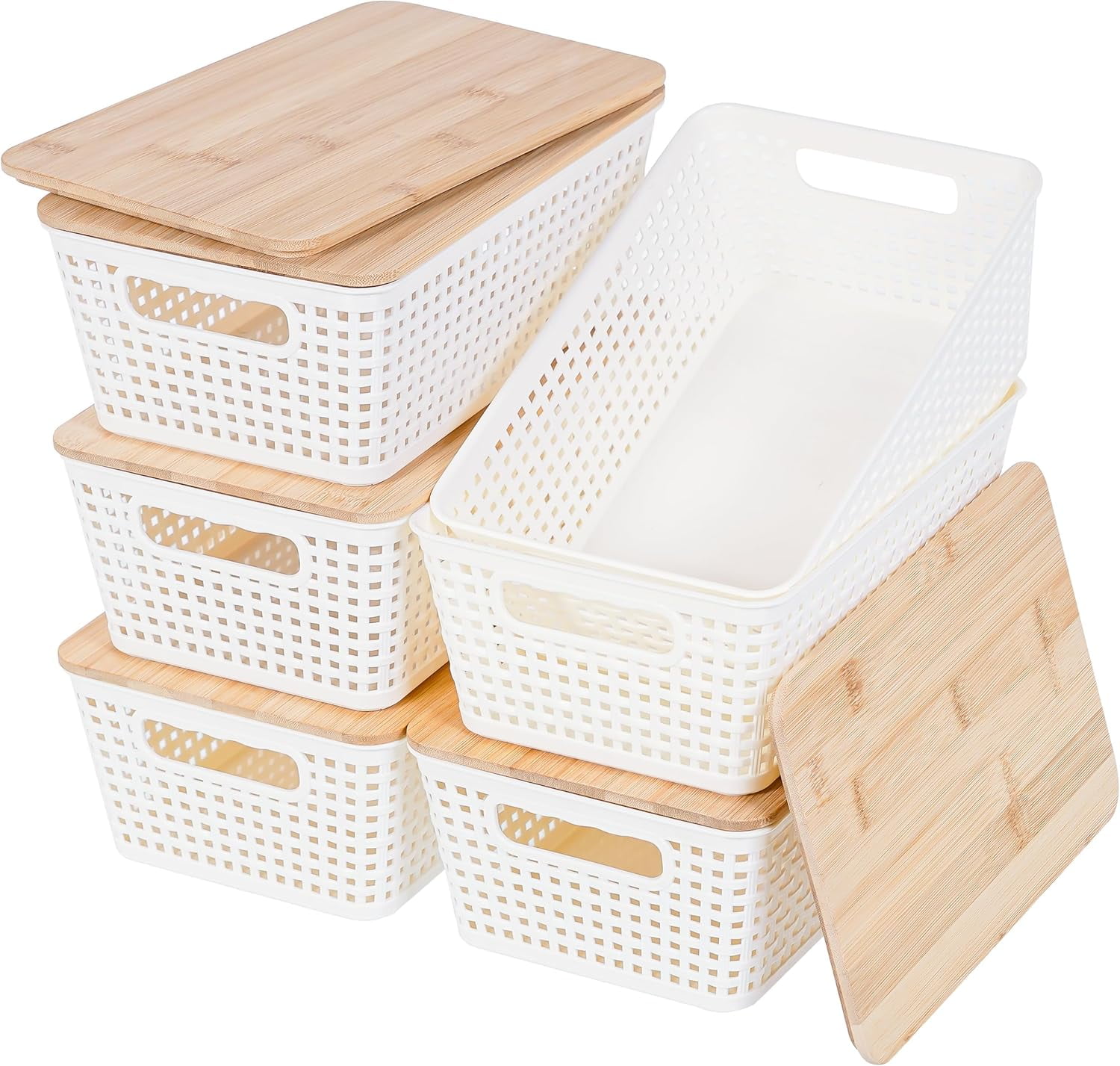 Storage Bins with Lids 6 Packs, Plastic Storage Bins with Bamboo Lids ...