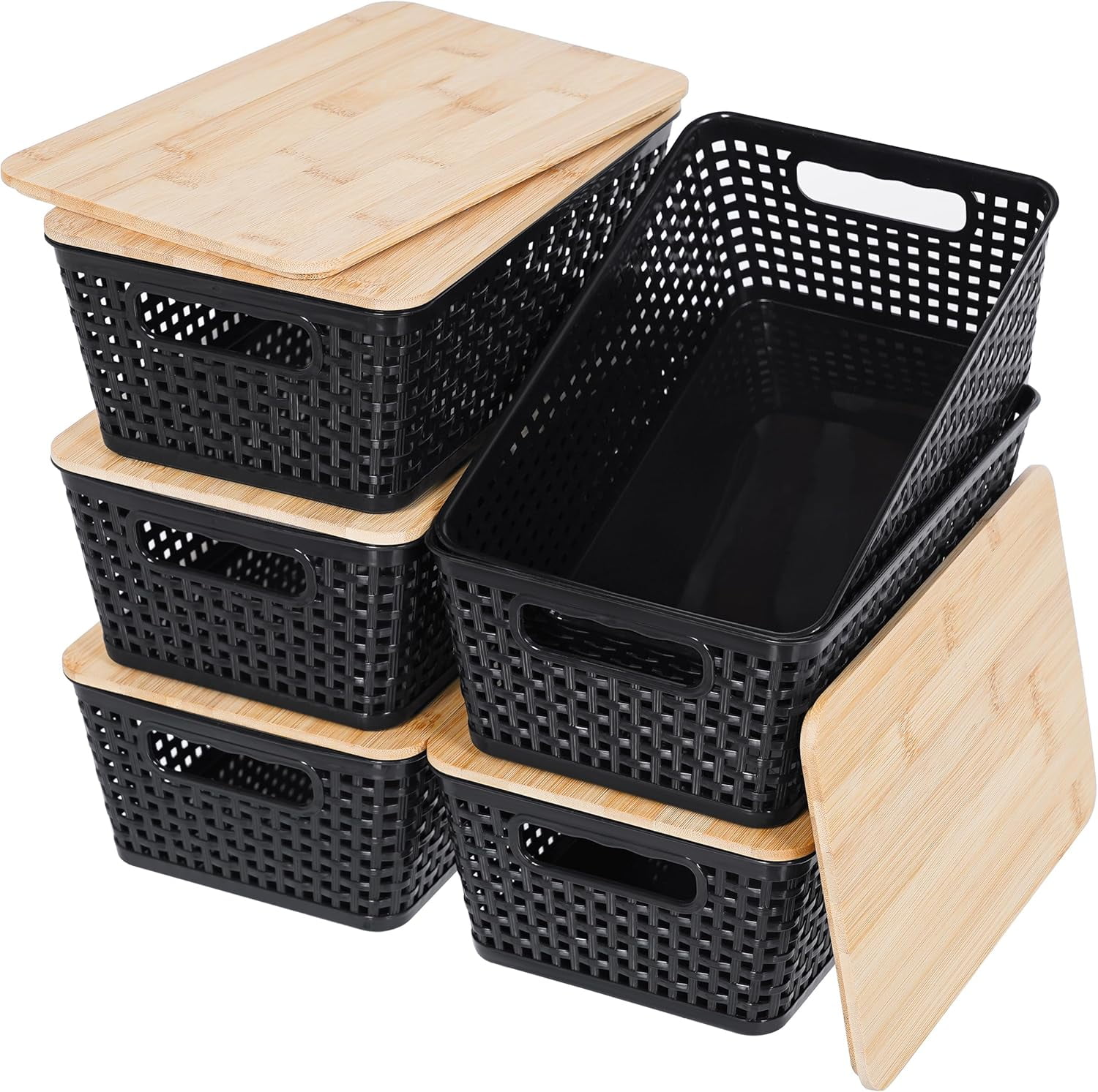 Storage Bins with Lids 6 Packs, Plastic Storage Bins with Bamboo Lids ...