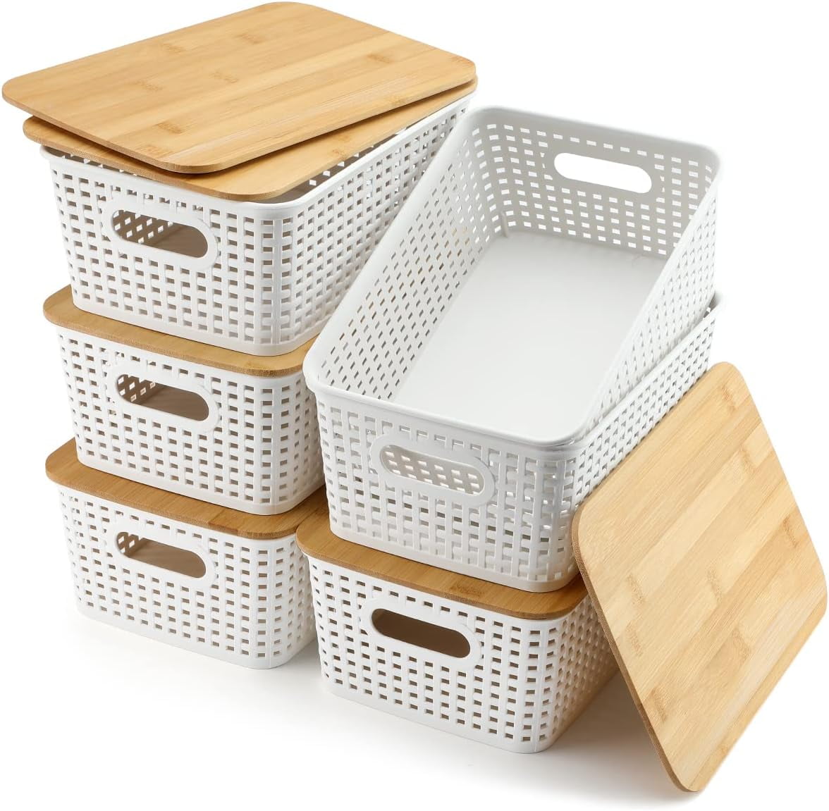 Storage Bins with Lids 6 Packs, Plastic Storage Bins with Bamboo Lids ...