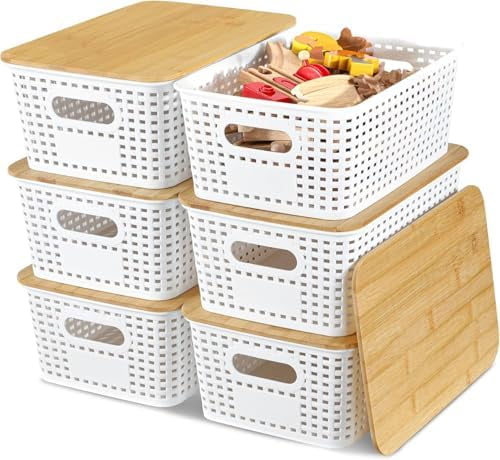 Storage Bins with Lids 6 Packs, Plastic Storage Bins with Bamboo Lids ...