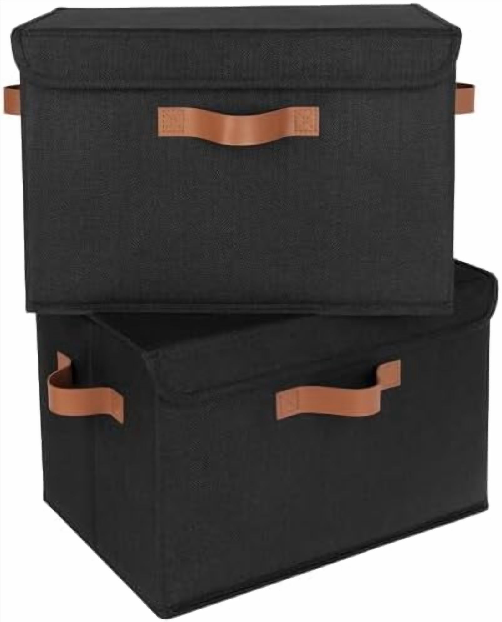 Storage Bins with Lids, Decorative Storage Boxes with PU Handles, Black ...