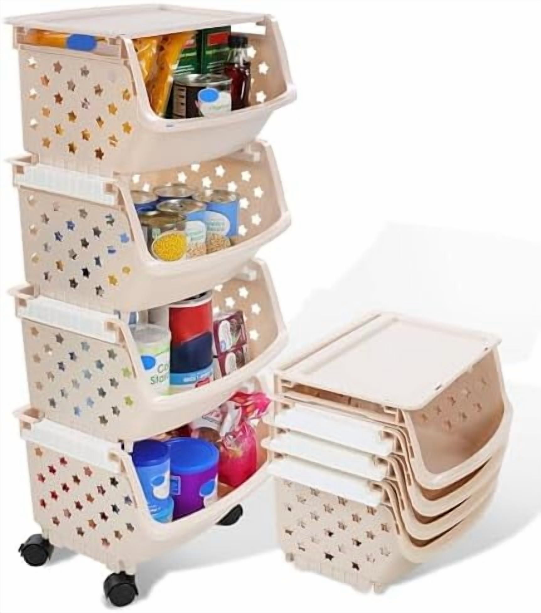 Storage Bins with Wheels - 4pc Beige Laundry Basket Stackable Rolling ...