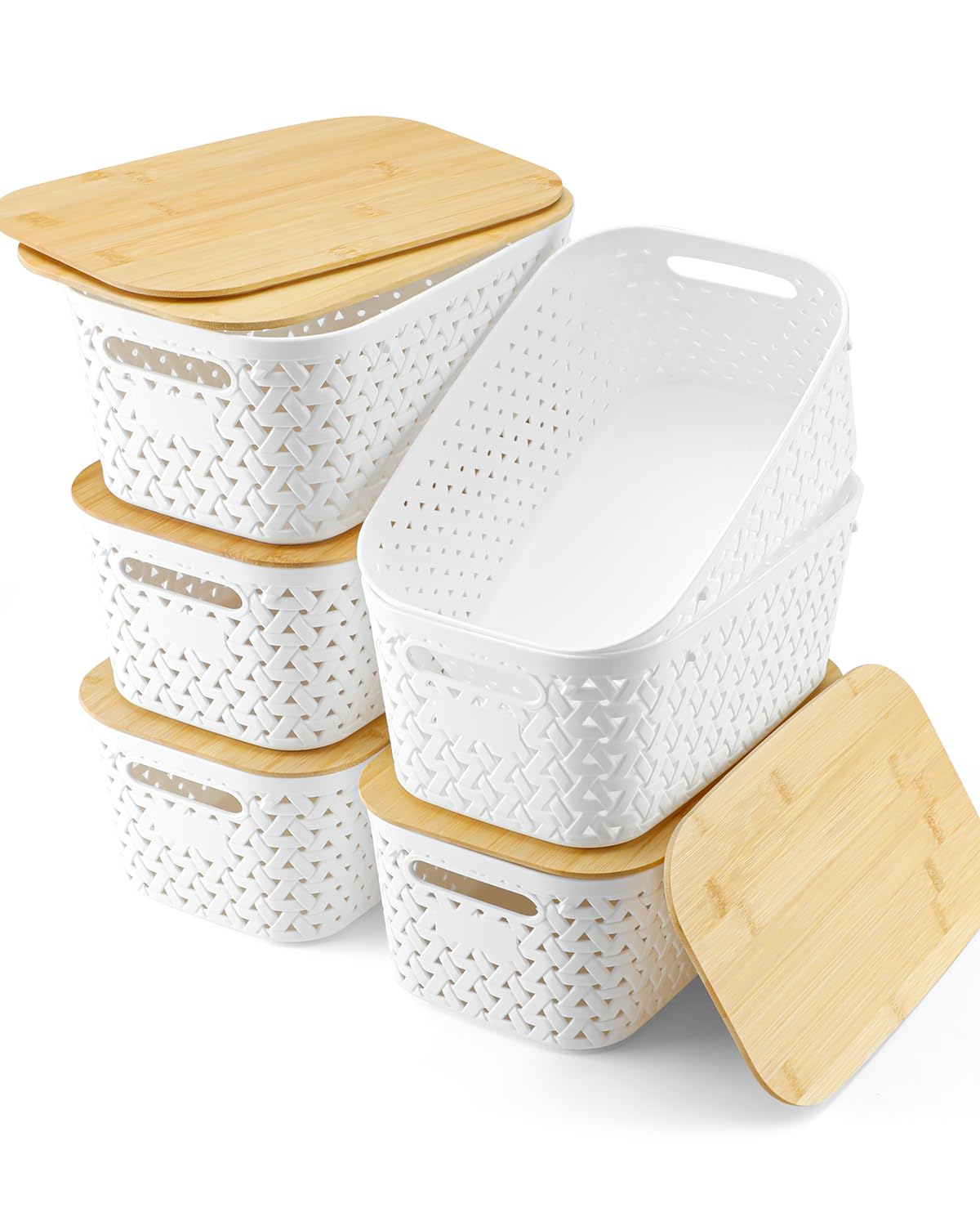 Storage Bins With Lids, 6 Packs Baskets With Bamboo Lids For Pantry ...