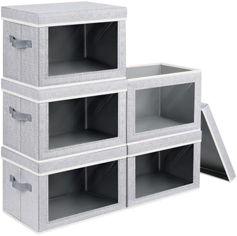 Storage Box with Lids - 5 Pack Foldable Clear Window Storage Bins ...