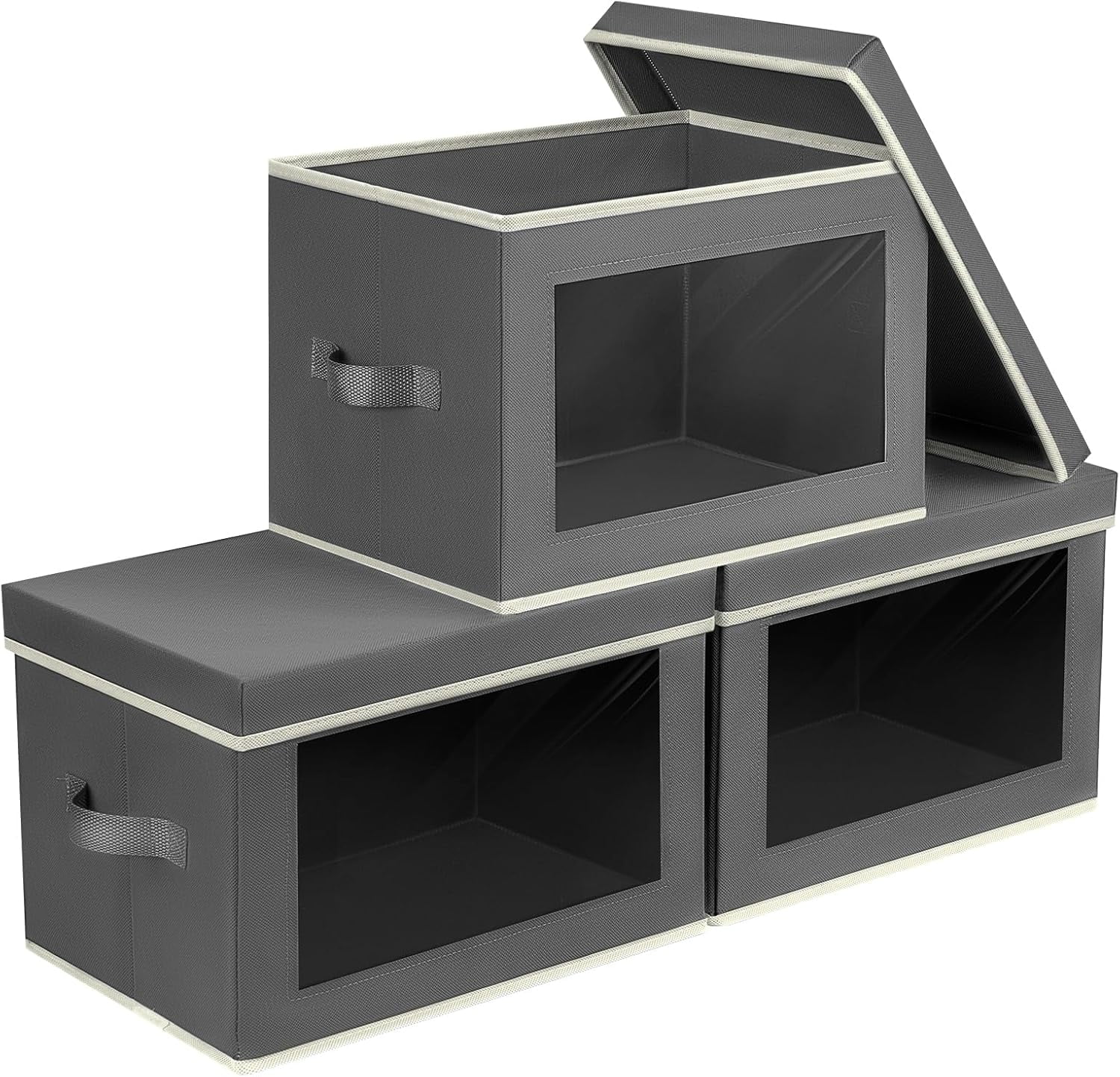 Storage Boxes with Lids - 3 Pack Fabric Clear Window Storage Bins ...