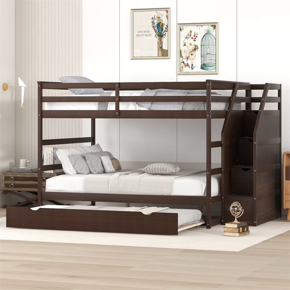 Storage Bunk Beds, Full over Full Bunk Bed with Twin Size Trundle, Wood ...