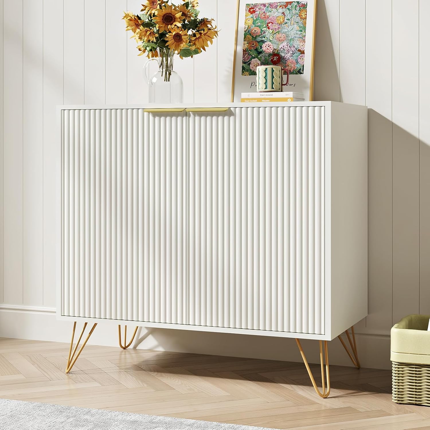 Storage Cabinet with 2 Doors, White Fluted Sideboard Buffet Cabinet ...