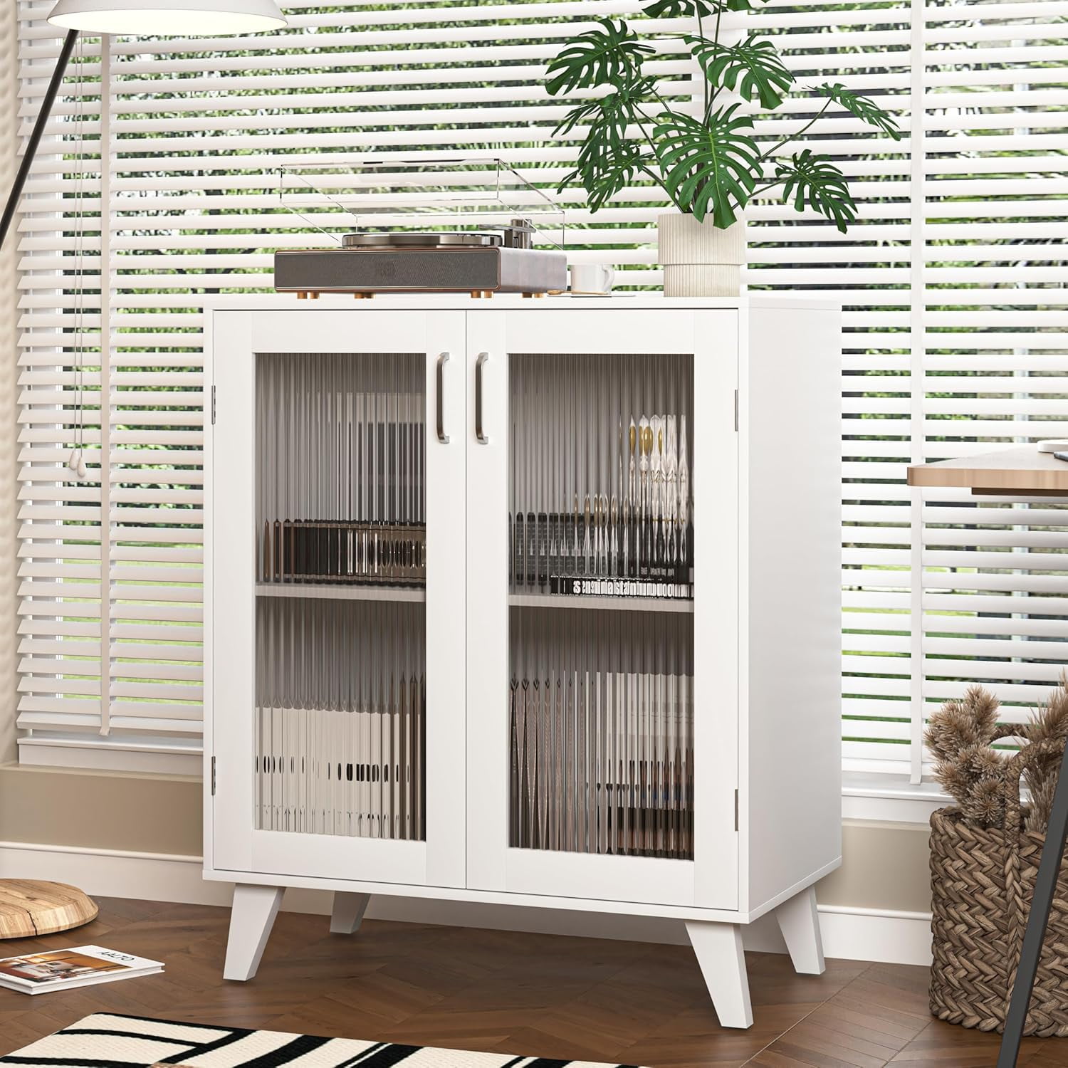 Storage Cabinet with 2 Glass Doors, White Sideboard Buffet Cabinet with ...