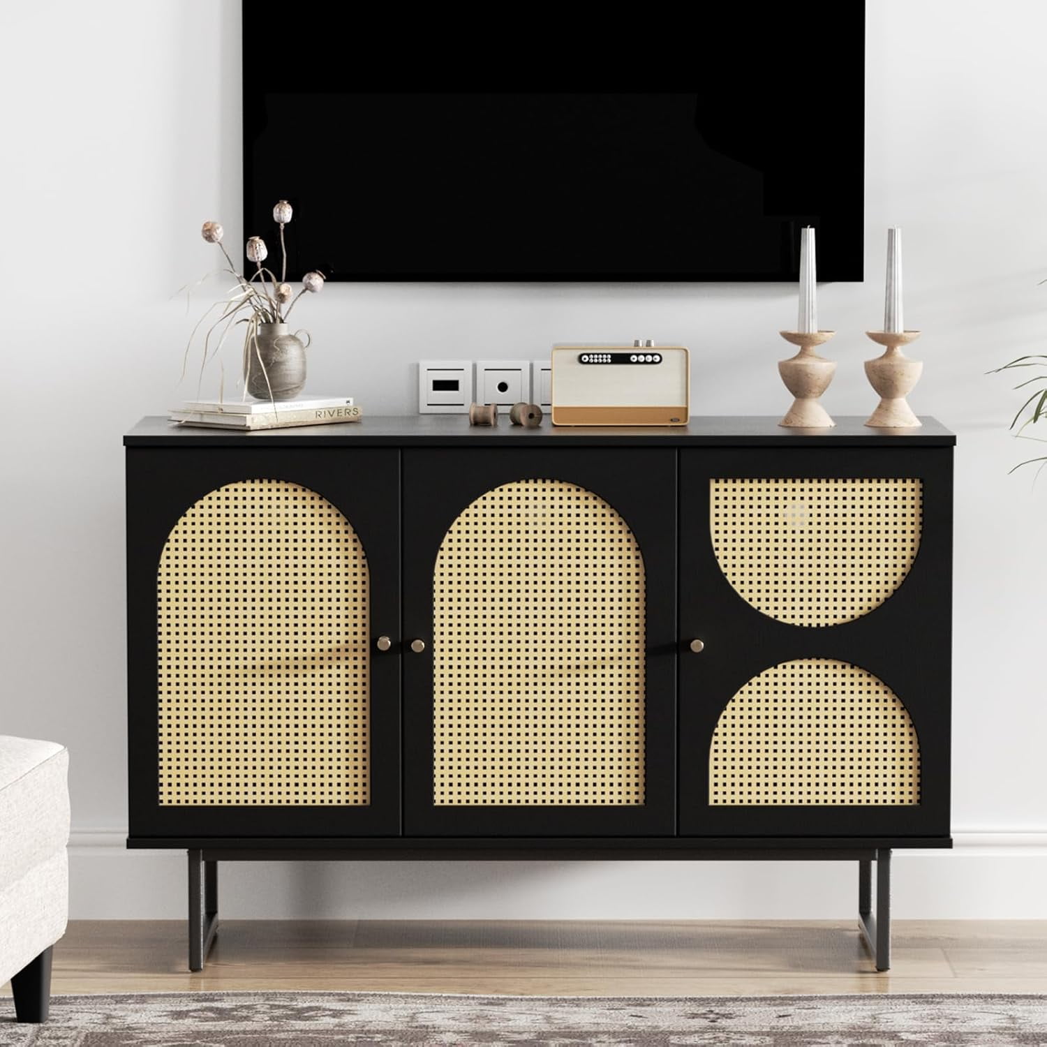 Storage Cabinet with 3 Arched Rattan Doors, Rattan Sideboard Buffet ...