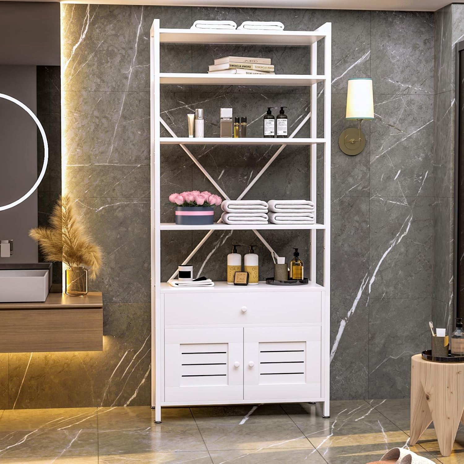 Storage Cabinet with 4 Open Shelves, 1 Drawer Cabinet, White Modern ...