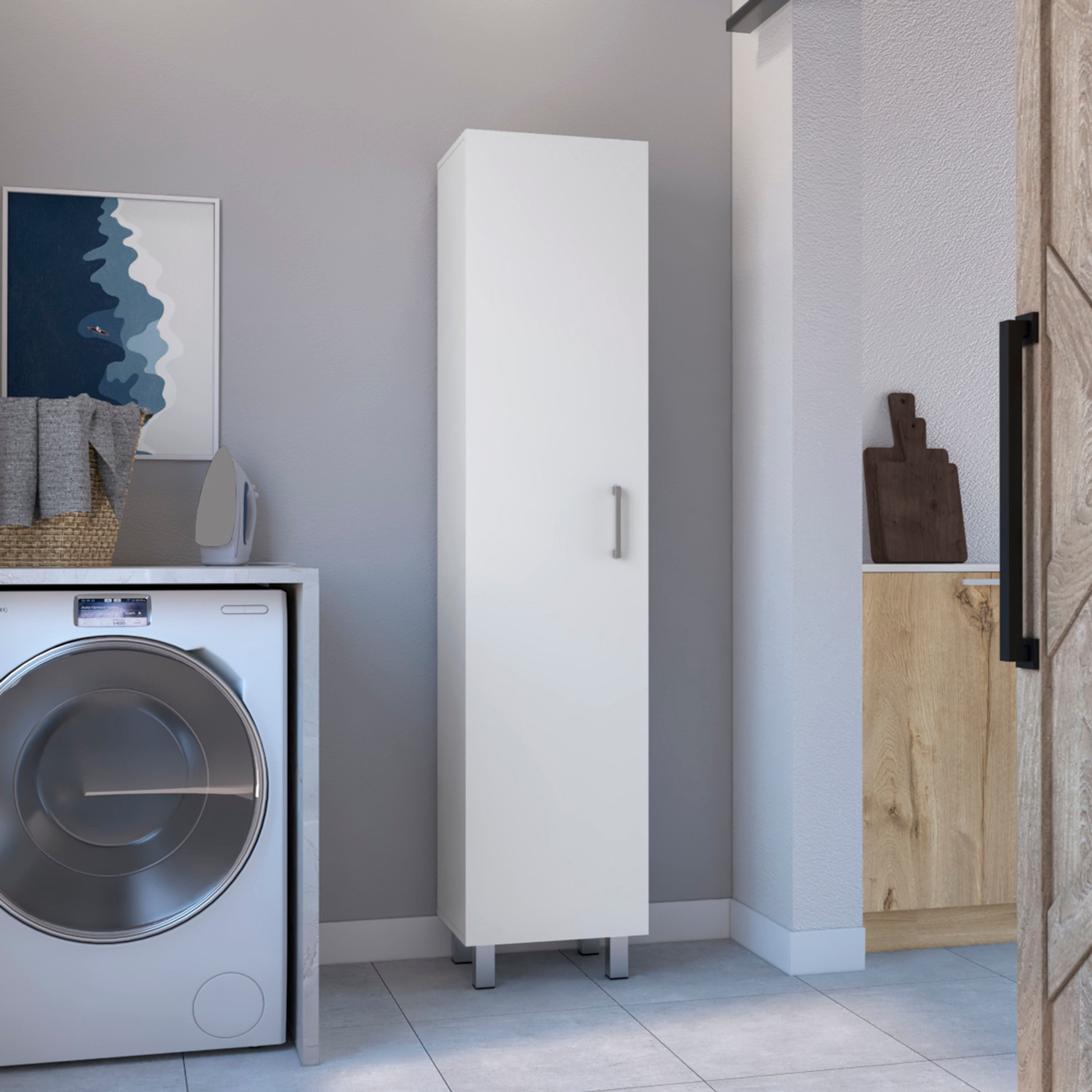 Storage Cabinet 71" H, Four Internal Shelves, Three Broom Hangers ...