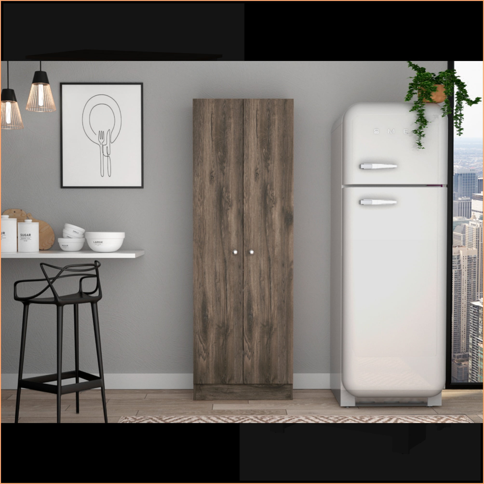 Storage Cabinet 71'' H, Two Doors, Five Shelves, Dark Brown/Black ...