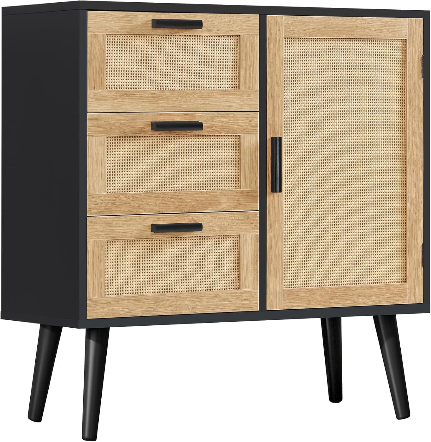 Storage Cabinet with Adjustable Shelf & 3 Drawers, Rattan Cabinet with ...