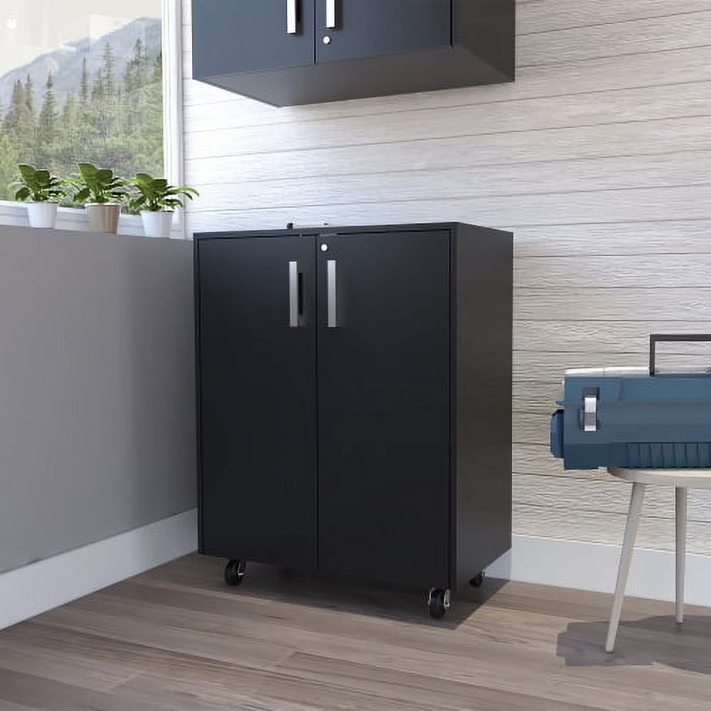 Storage Cabinet, Casters, Double Door, Two Interior Shelves -Black ...