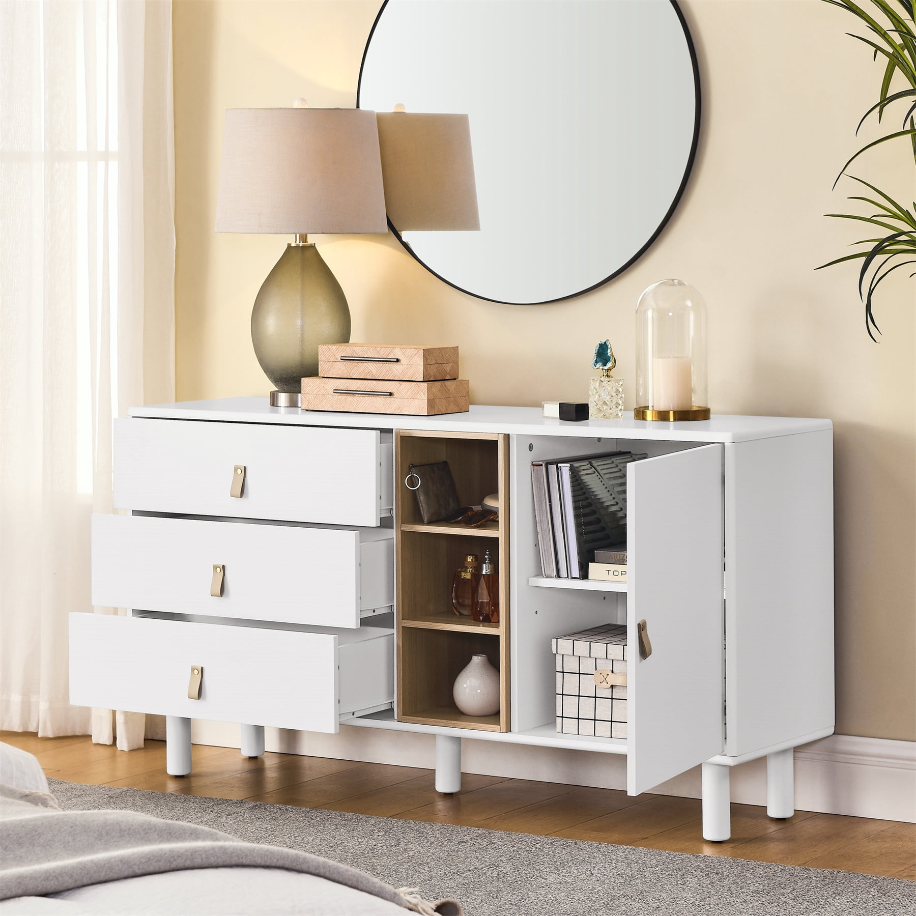 Storage Cabinet with Doors and 3 Drawers, Sideboard Cabinet with Solid ...