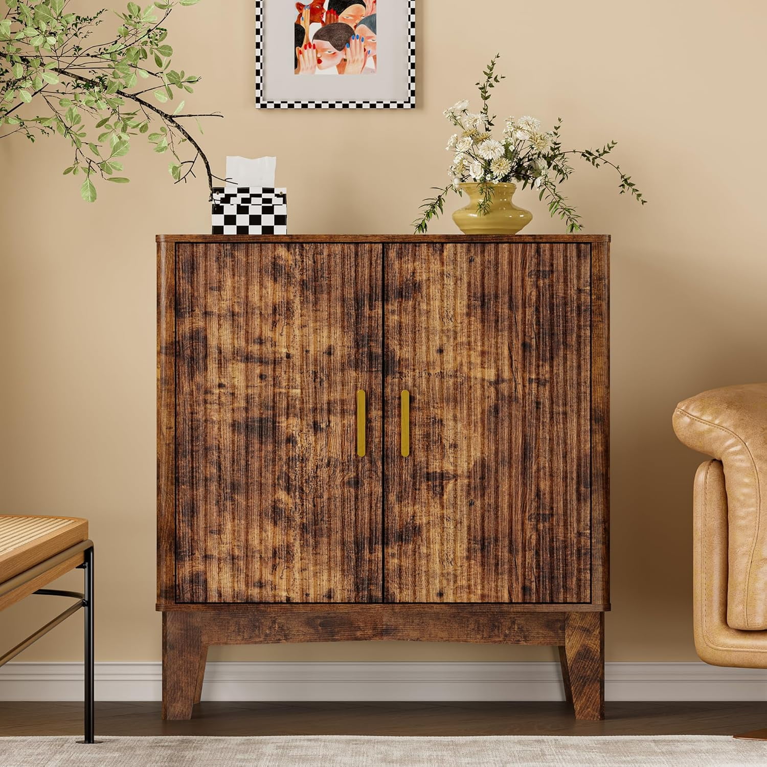 Storage Cabinet with Doors and Adjustable Shelf, Modern Fluted ...