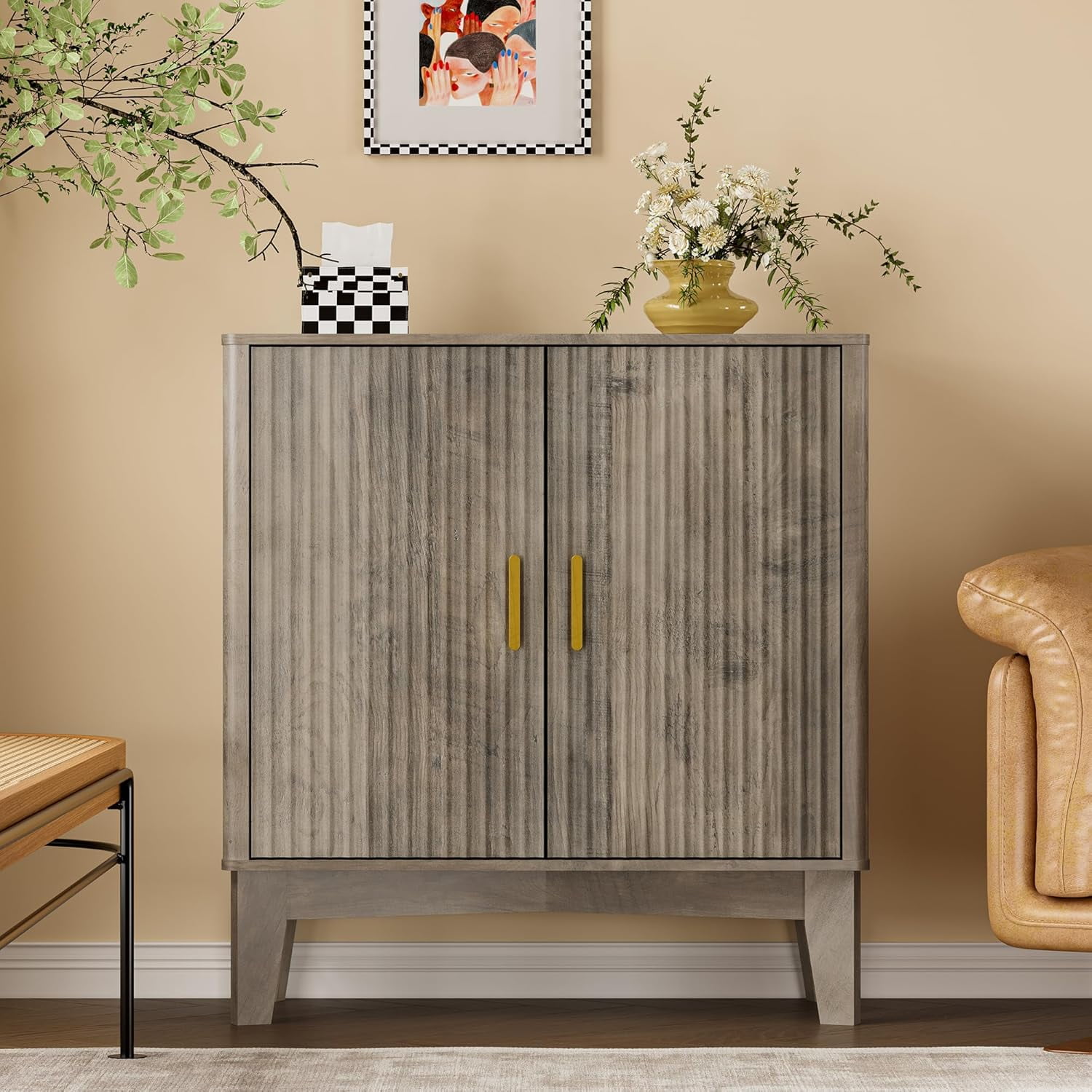 Storage Cabinet with Doors and Adjustable Shelf, Modern Fluted ...