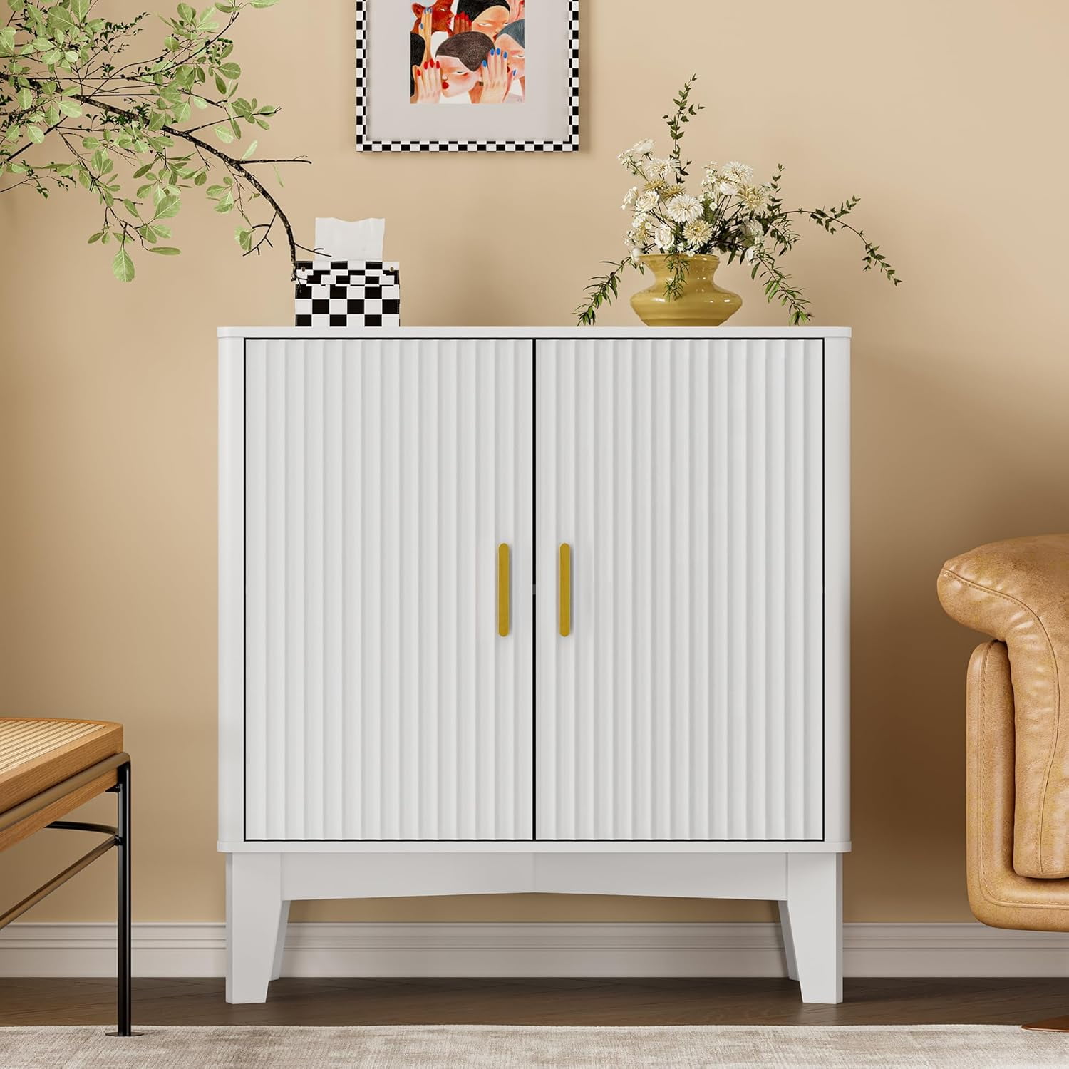 Storage Cabinet with Doors and Adjustable Shelf, Modern Fluted Sideboard Buffet Cabinet ...