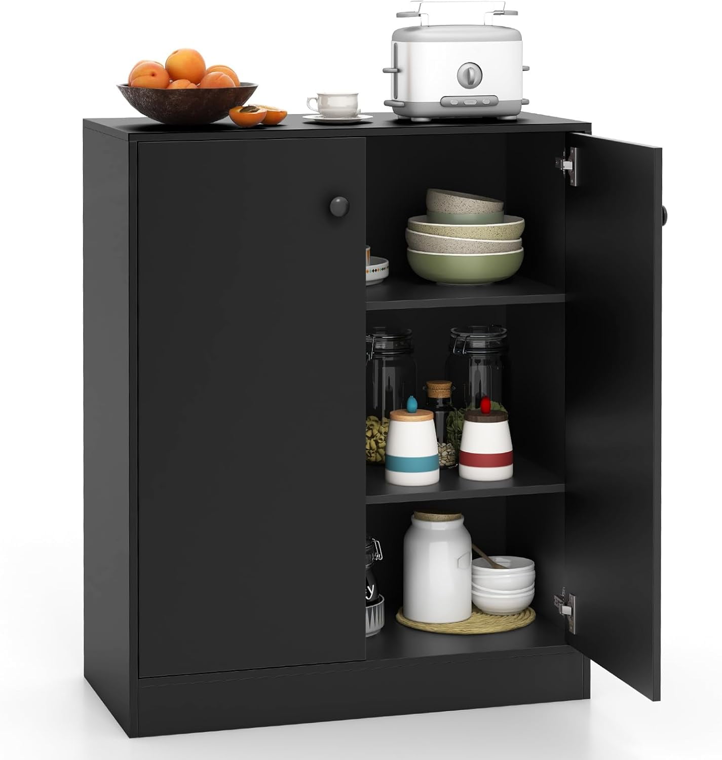 Storage Cabinet with Doors, Black Kitchen Cabinets with 3-Tier Shelves ...