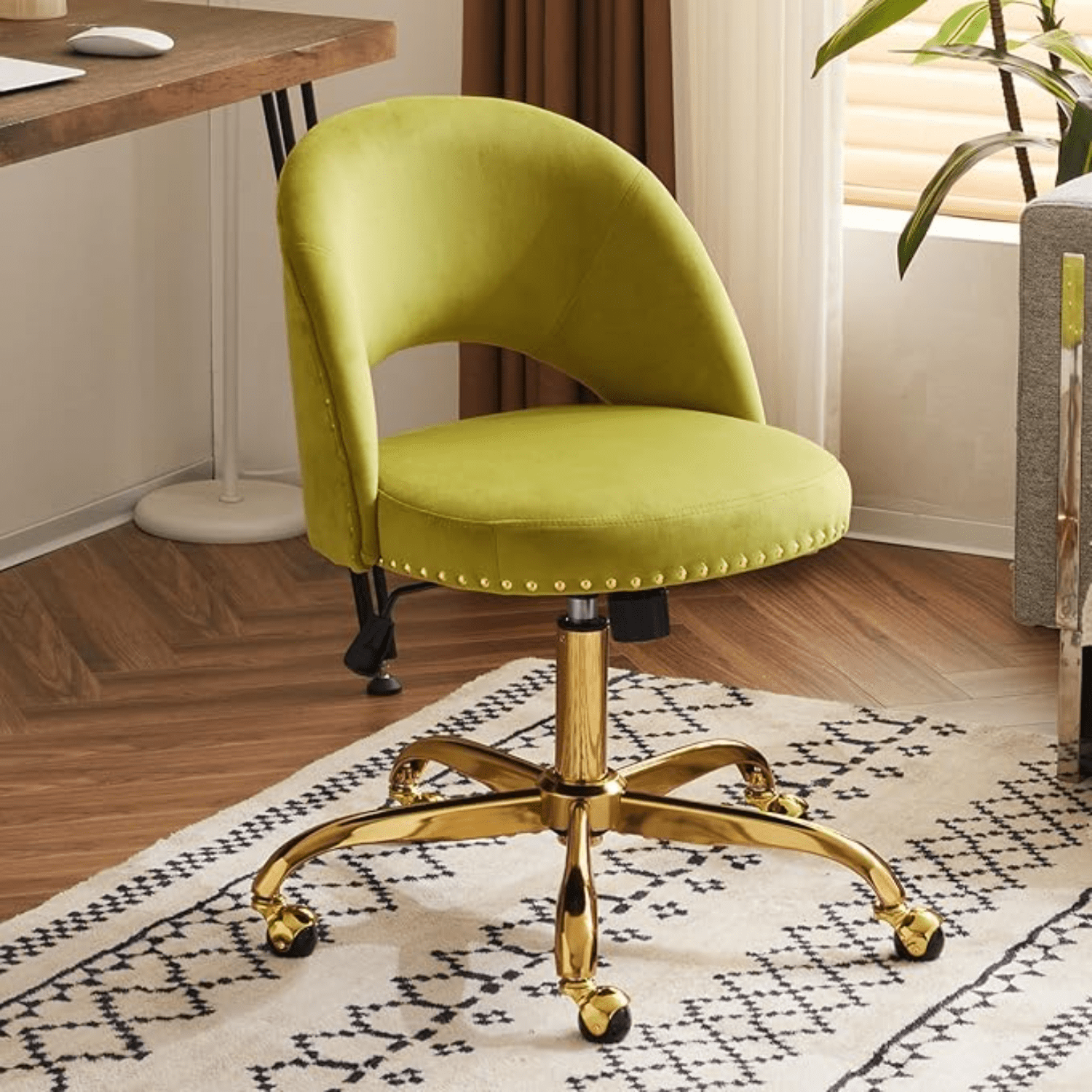 Modern Velvet Office Chair - Armless Swivel Task Chair with Gold Base ...