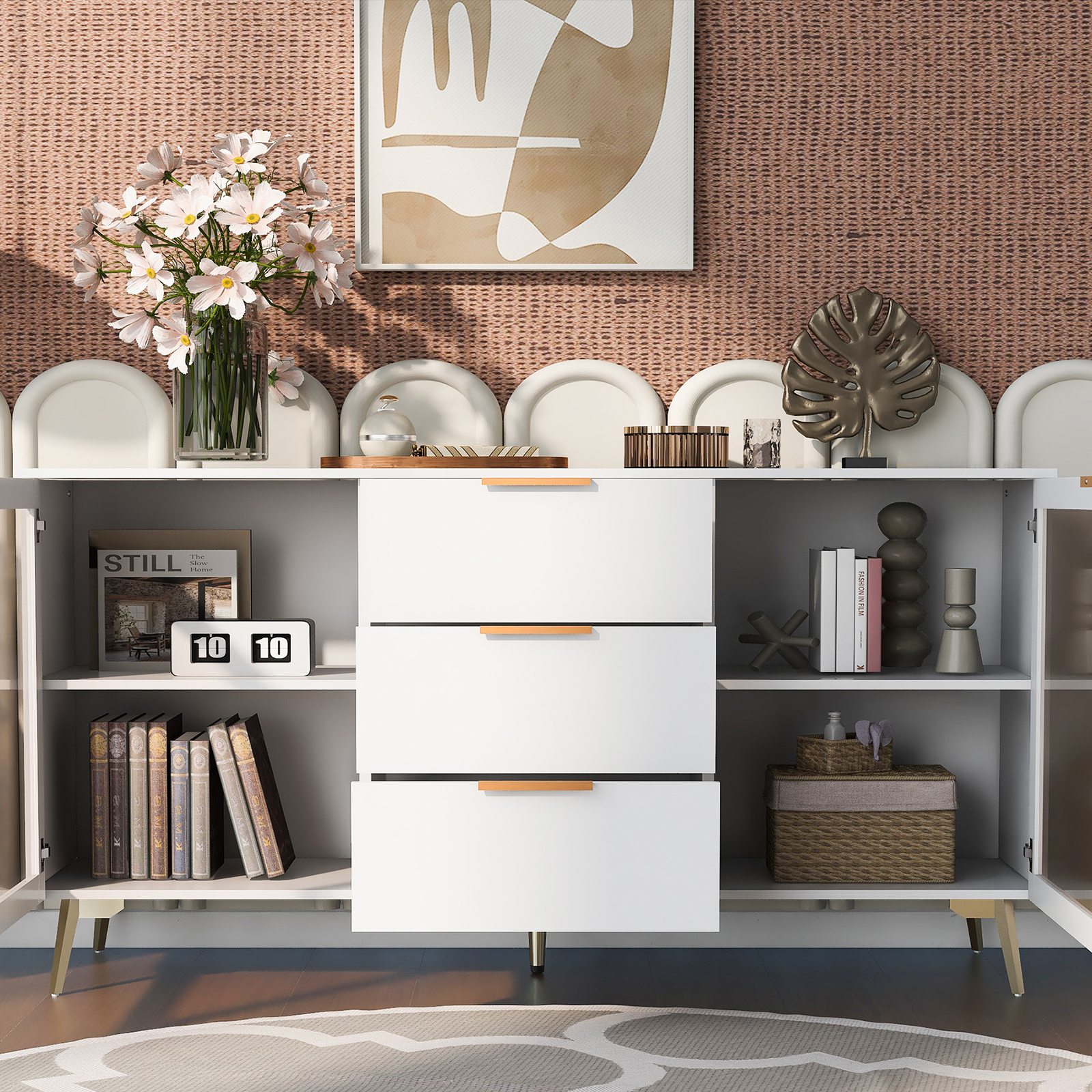 Storage Cabinet MDF Storage Chest With 3 Drawers 2 Tempering Glass ...