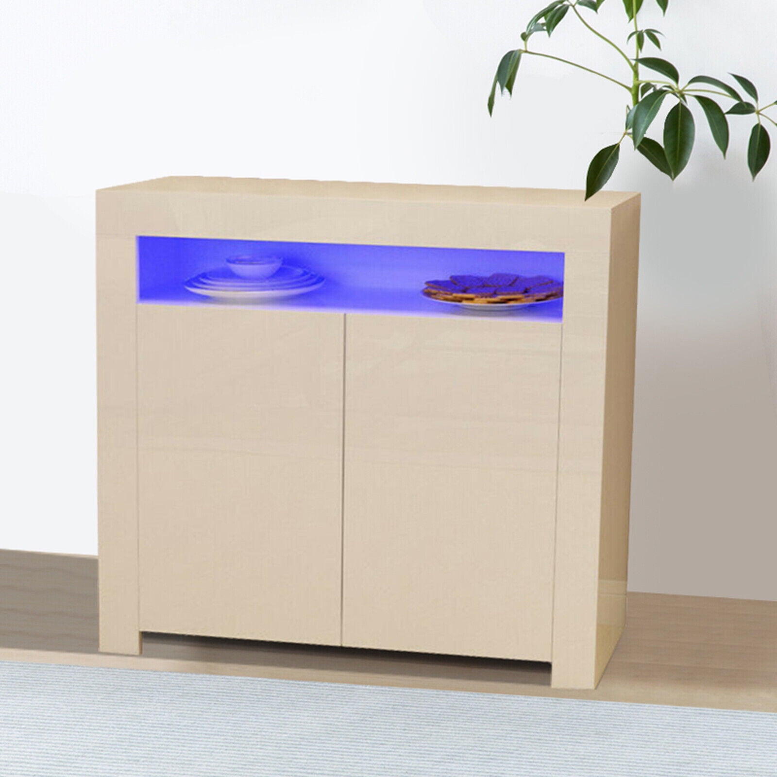 Storage Cabinet Milky High Gloss Kitchen Sideboard Cupboard w/ LED ...