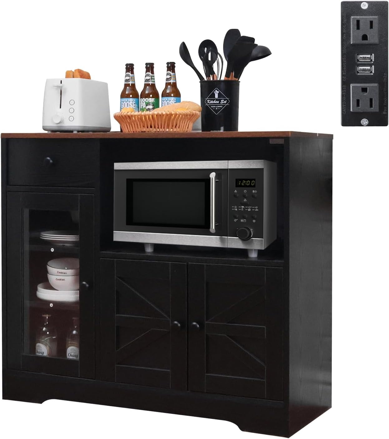 Storage Cabinet with Power Outlet, 35"" Modern Sideboard Buffet Cabinet w/Adjustable Shelf ...