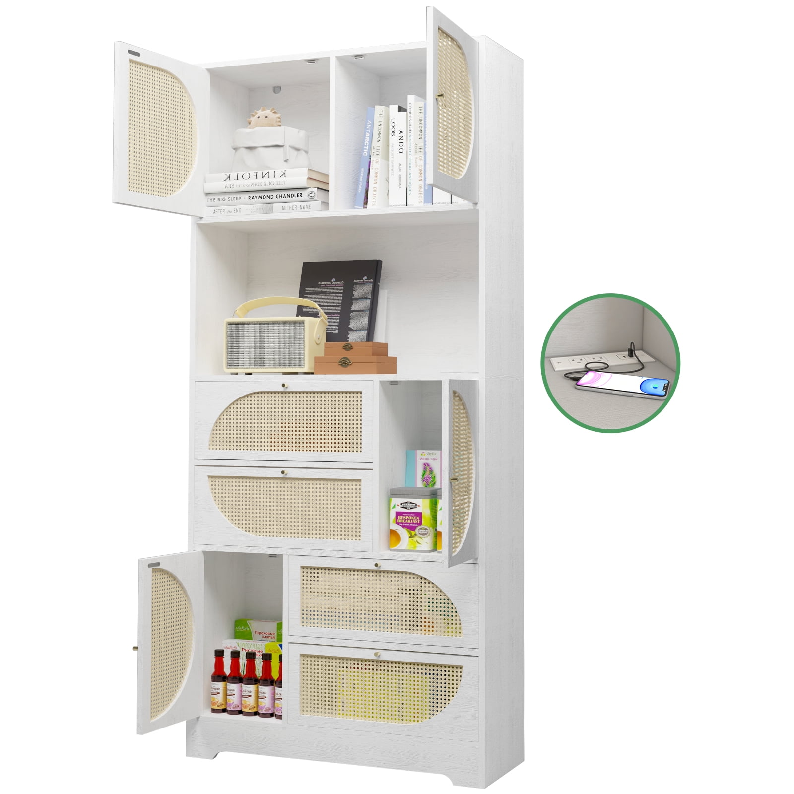 Storage Cabinet with Rattan Doors, Tall Freestanding Hutch Cabinet with ...