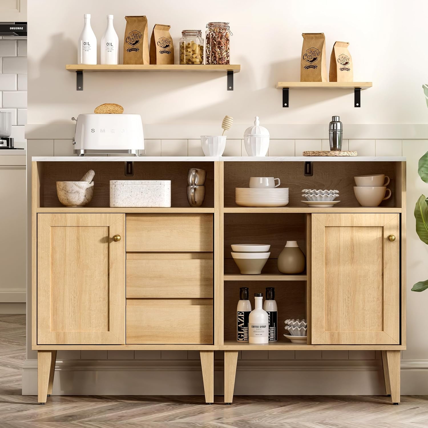 Storage Cabinet Set of 2 with 3 Drawers and Sliding Door, Floor Accent ...