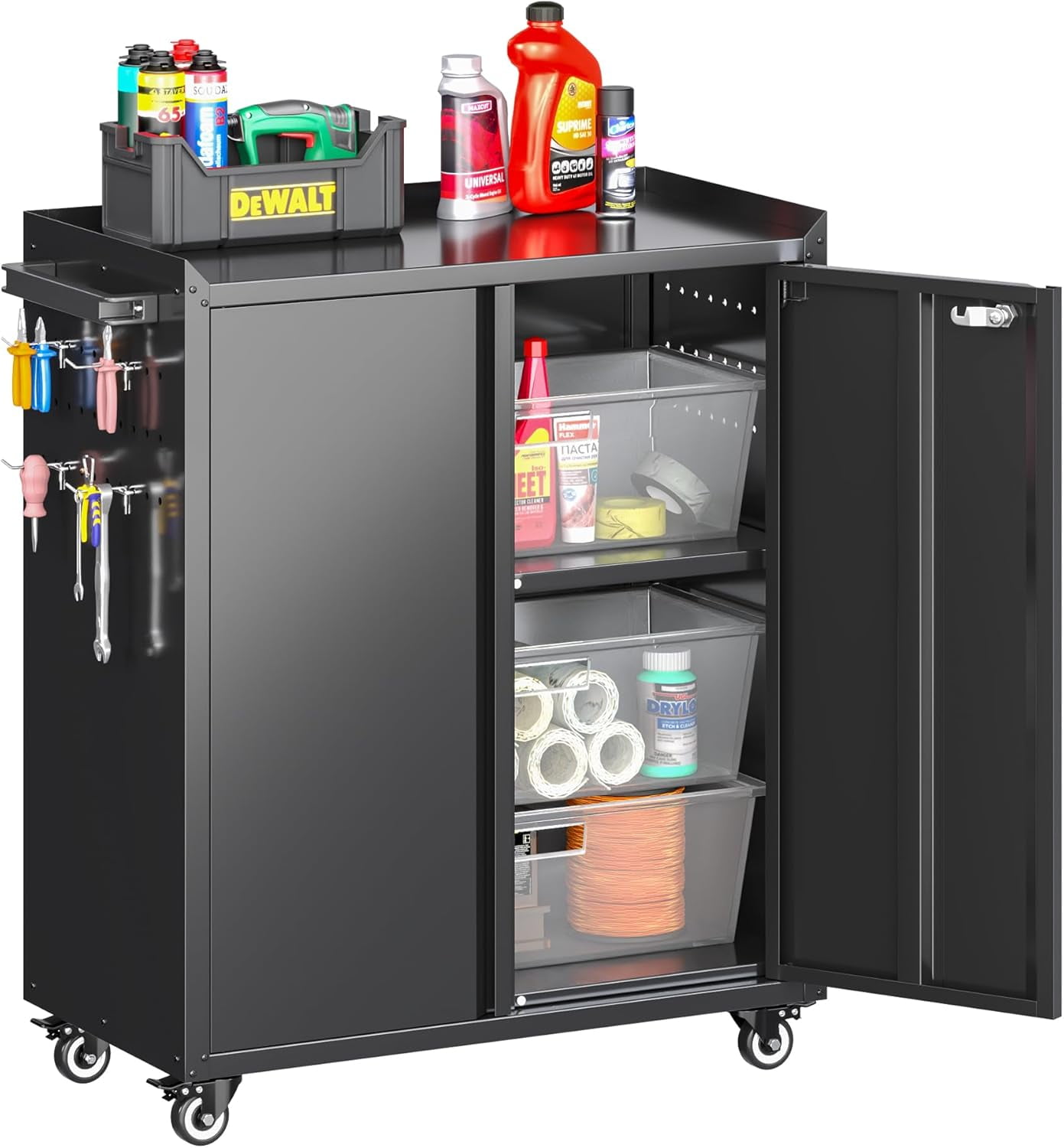 Storage Cabinet on Wheels, Garage Cabinets with Pegboards and 4 Hooks ...