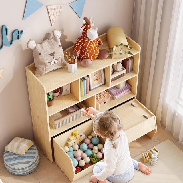 Storage Cabinet and Bookcase with Movable Drawers and Open Shelves,Toy ...