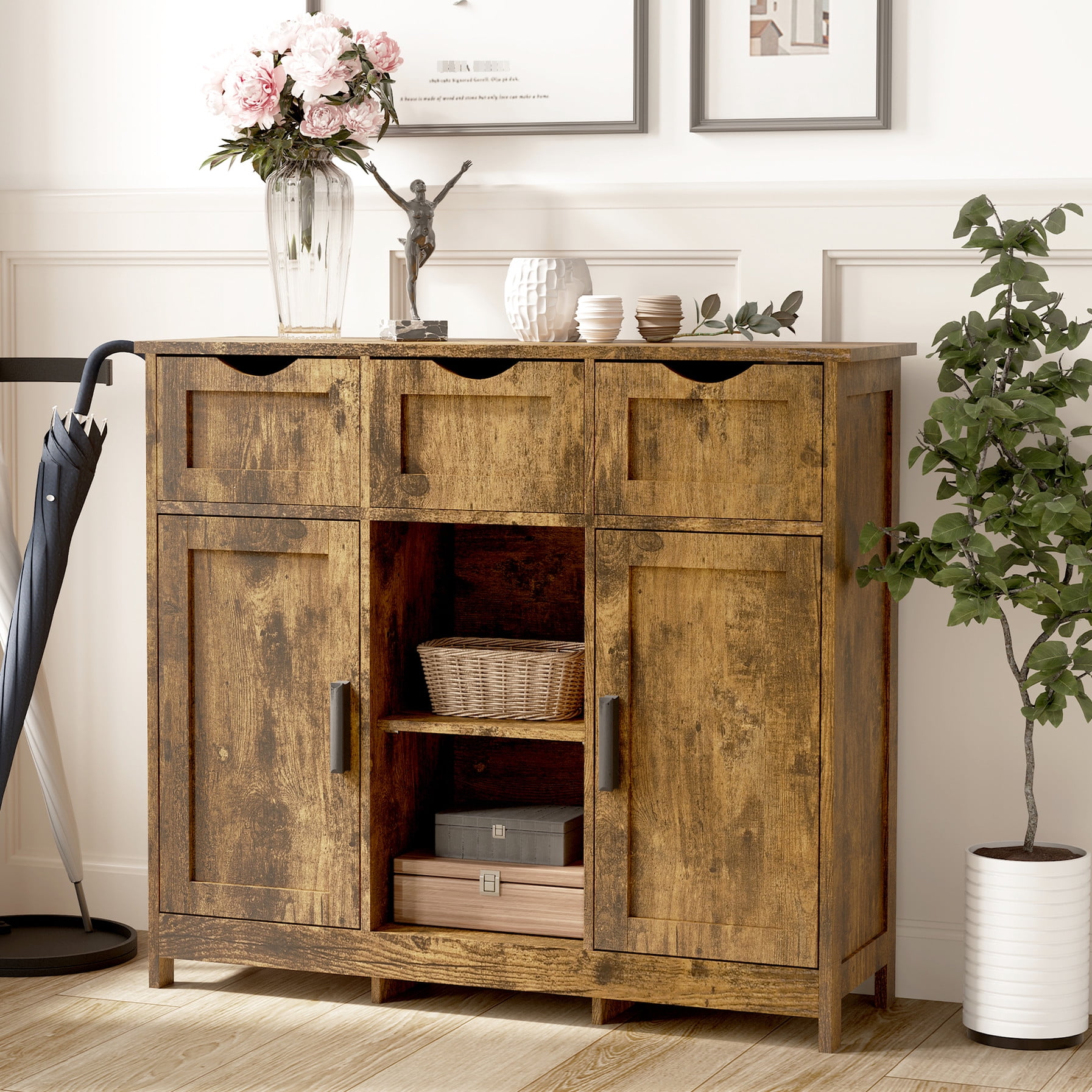 Storage Cabinet with 3 Drawers, 2 Doors, and 3 Adjustable Shelves ...