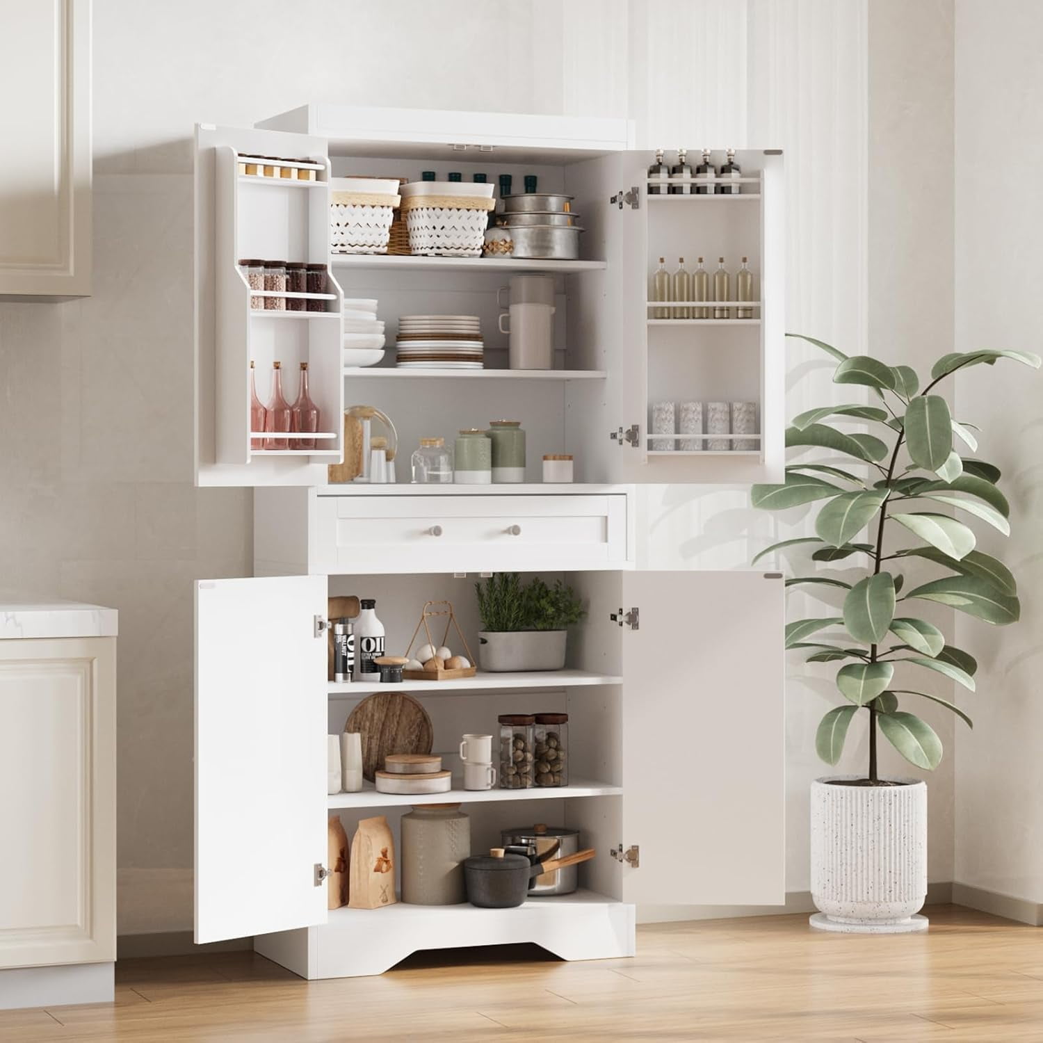 Storage Cabinet with 4 Doors and 1 Drawer,72" White Kitchen Pantry ...