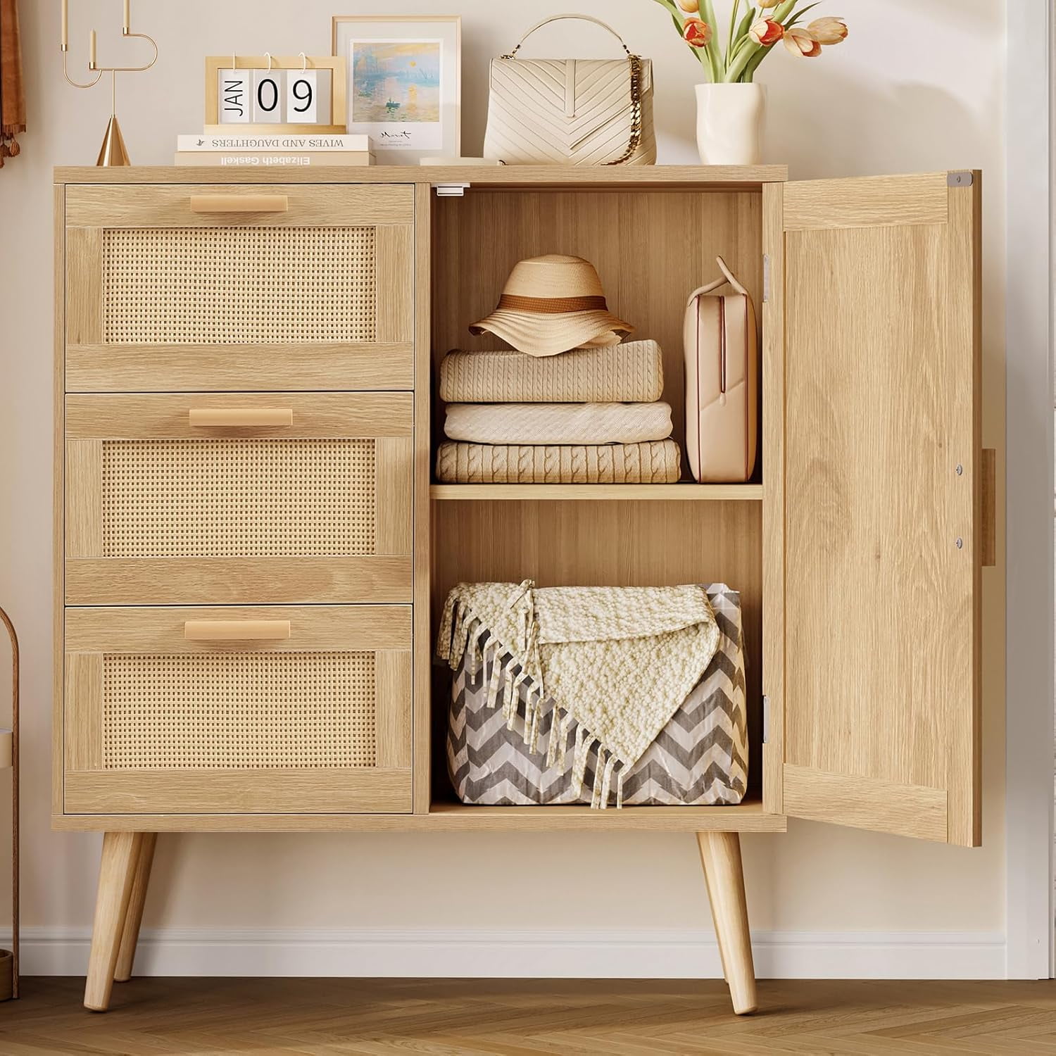 Storage Cabinet with Adjustable Shelf, Rattan Cabinet with 3 Drawers ...